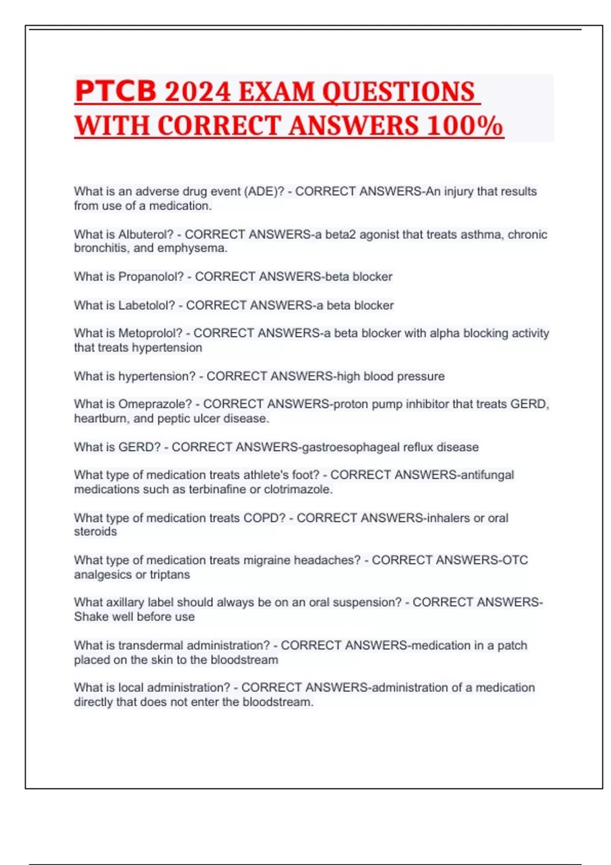 PTCB 2024 EXAM QUESTIONS WITH CORRECT ANSWERS 100% - PTCB - Stuvia US