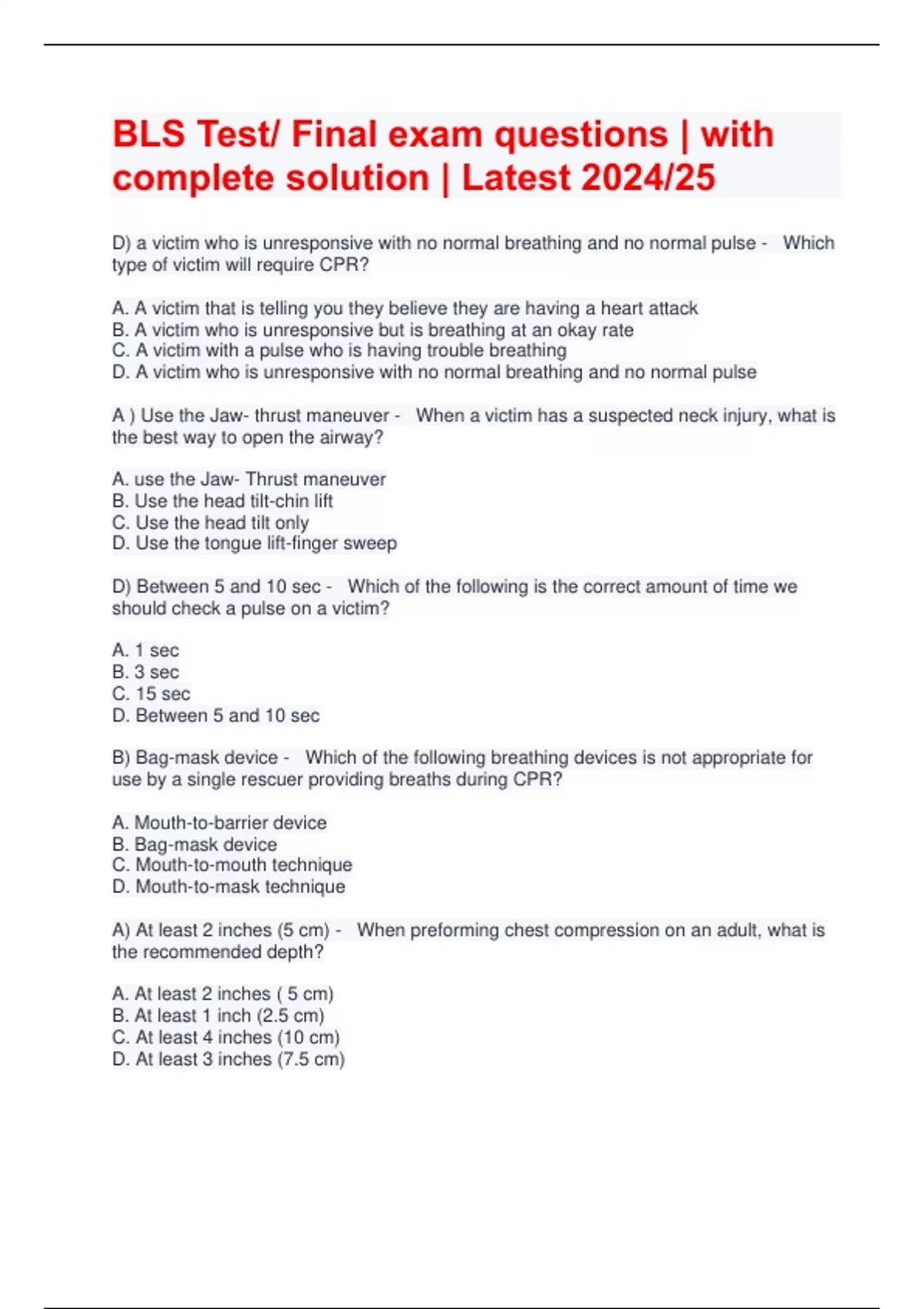 BLS Test/ Final exam questions | with complete solution | Latest 2024/ ...
