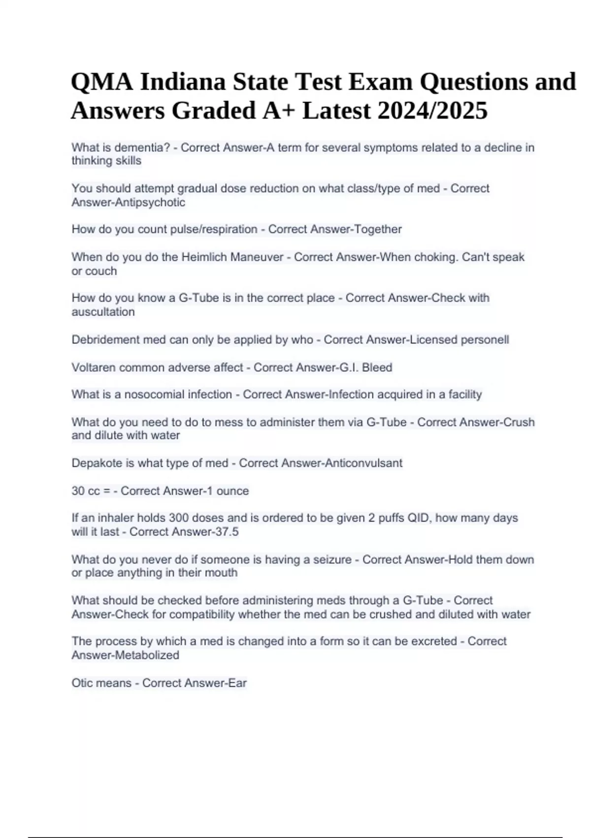 QMA Indiana State Test Exam Questions and Answers Graded A+ Latest 2024 ...