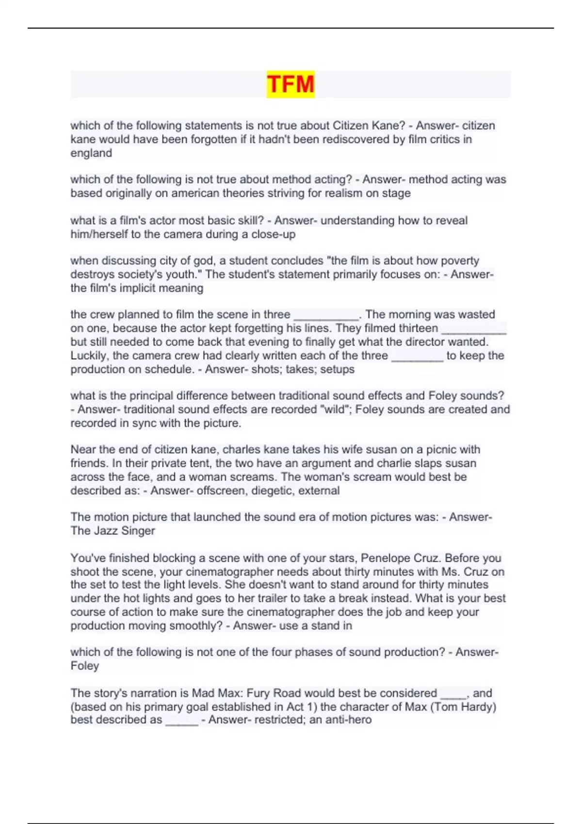 TFM QUESTIONS WITH CORRECT ANSWERS - Tfm - Stuvia US