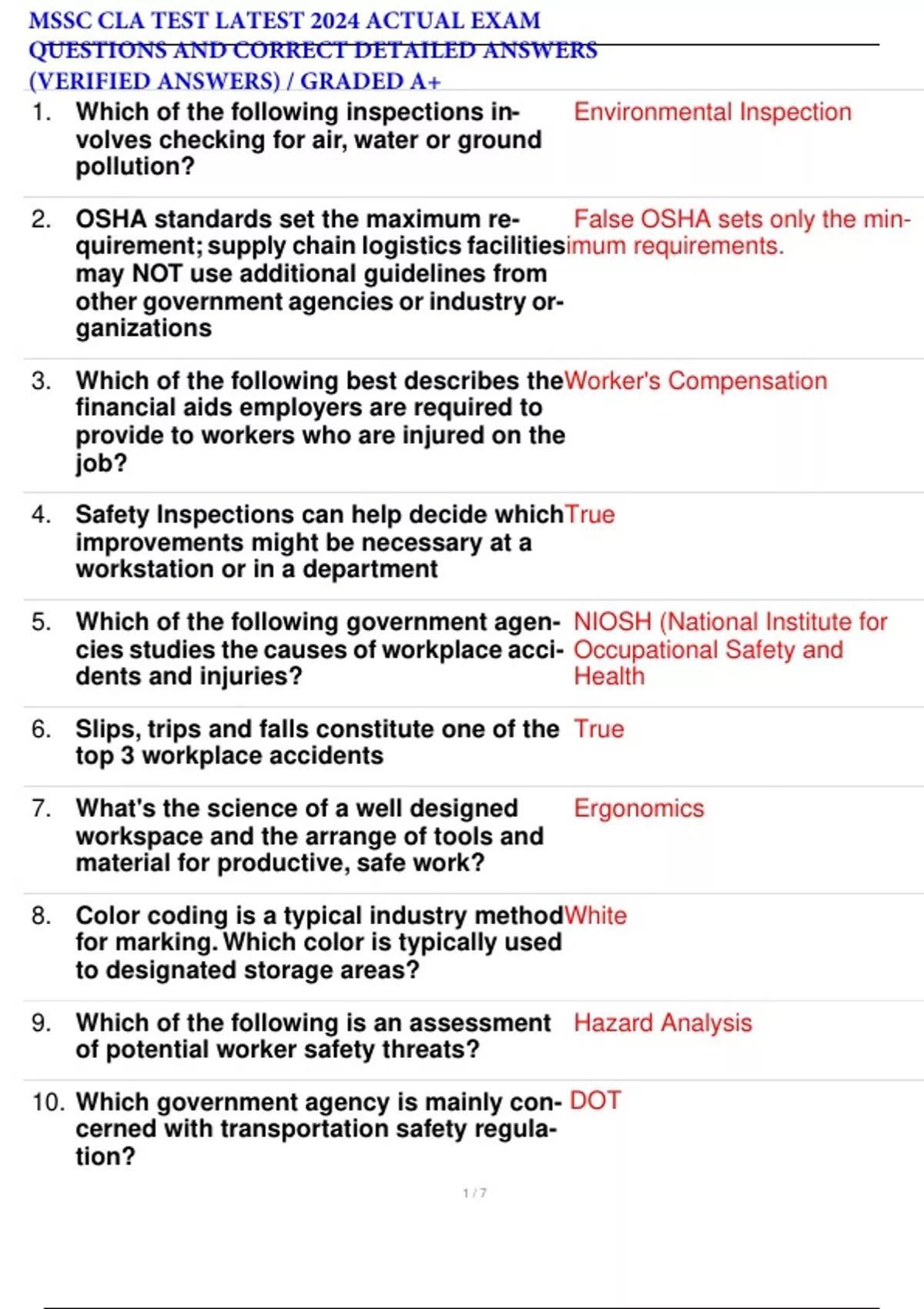 MSSC CLA TEST LATEST 2024 ACTUAL EXAM QUESTIONS AND CORRECT DETAILED ...