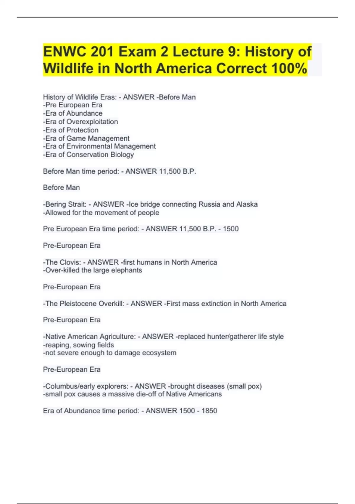 ENWC 201 Exam 2 Lecture 9: History of Wildlife in North America Correct ...