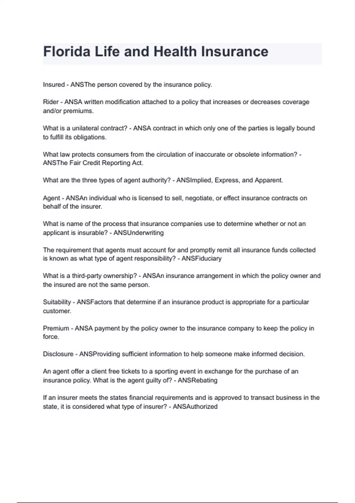 Florida Life and Health Insurance questions and answers already graded ...