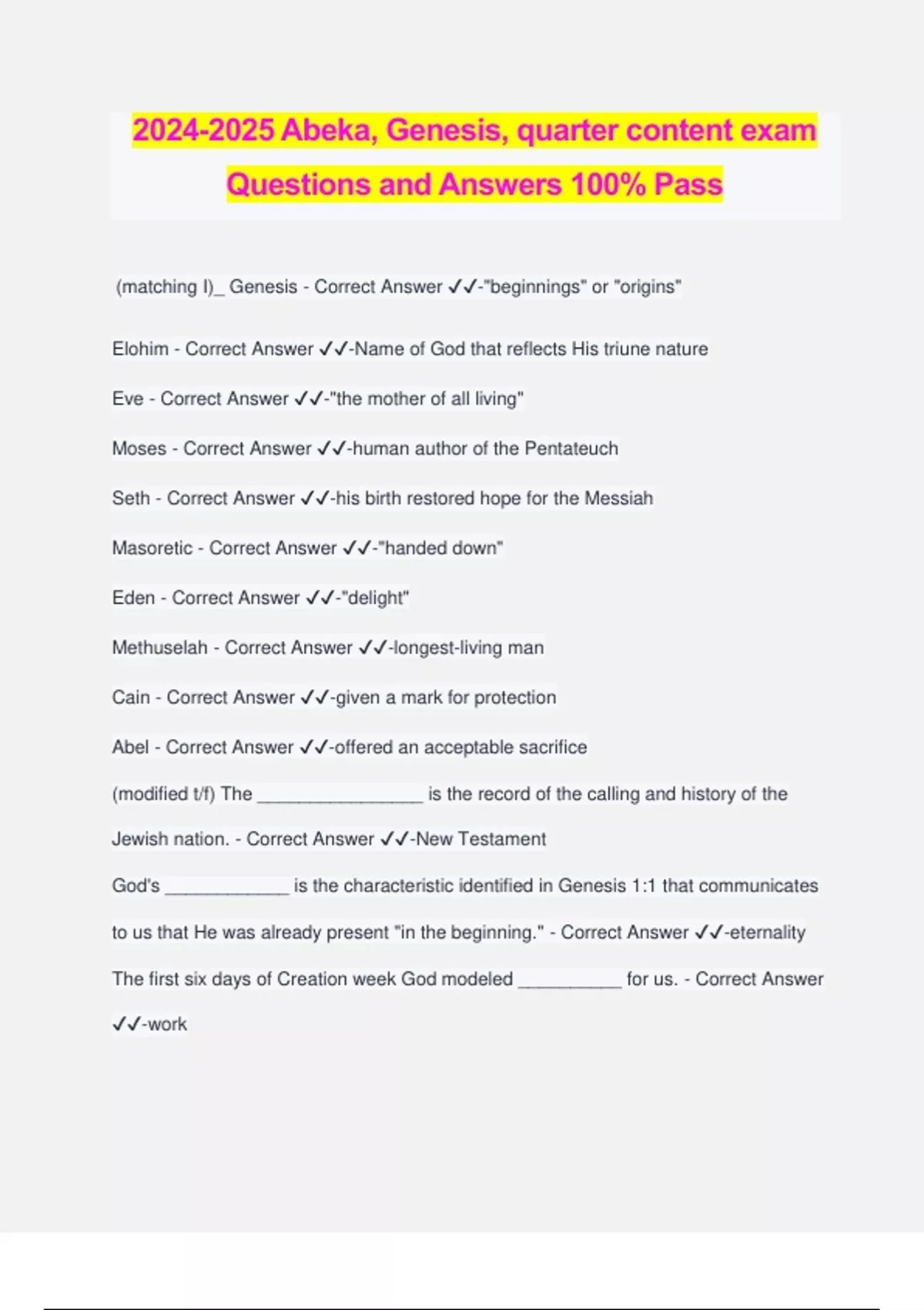 Abeka, Genesis, quarter content exam Questions and Answers 100% Pass ...
