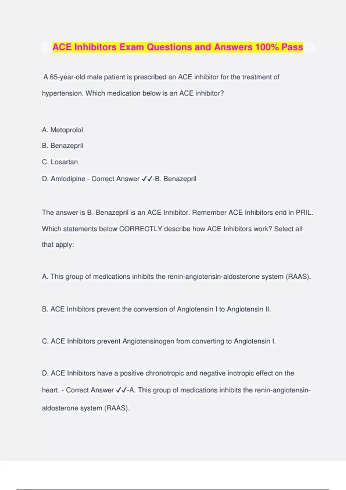 ACE Inhibitors Exam Questions and Answers 100% Pass - ACE Inhibitors ...
