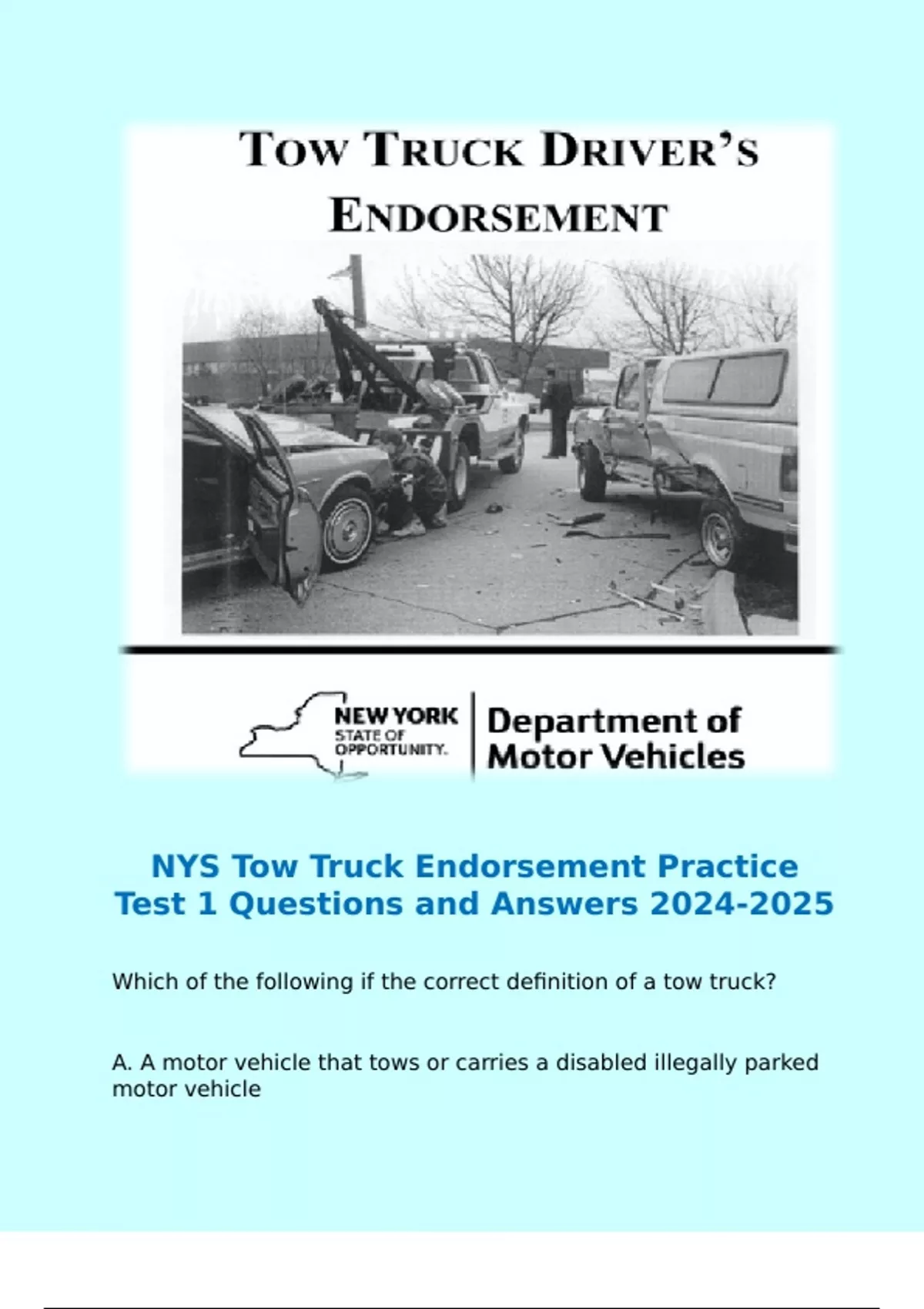 NYS Tow Truck Endorsement Practice Test 1 Questions and Answers . - NYS ...