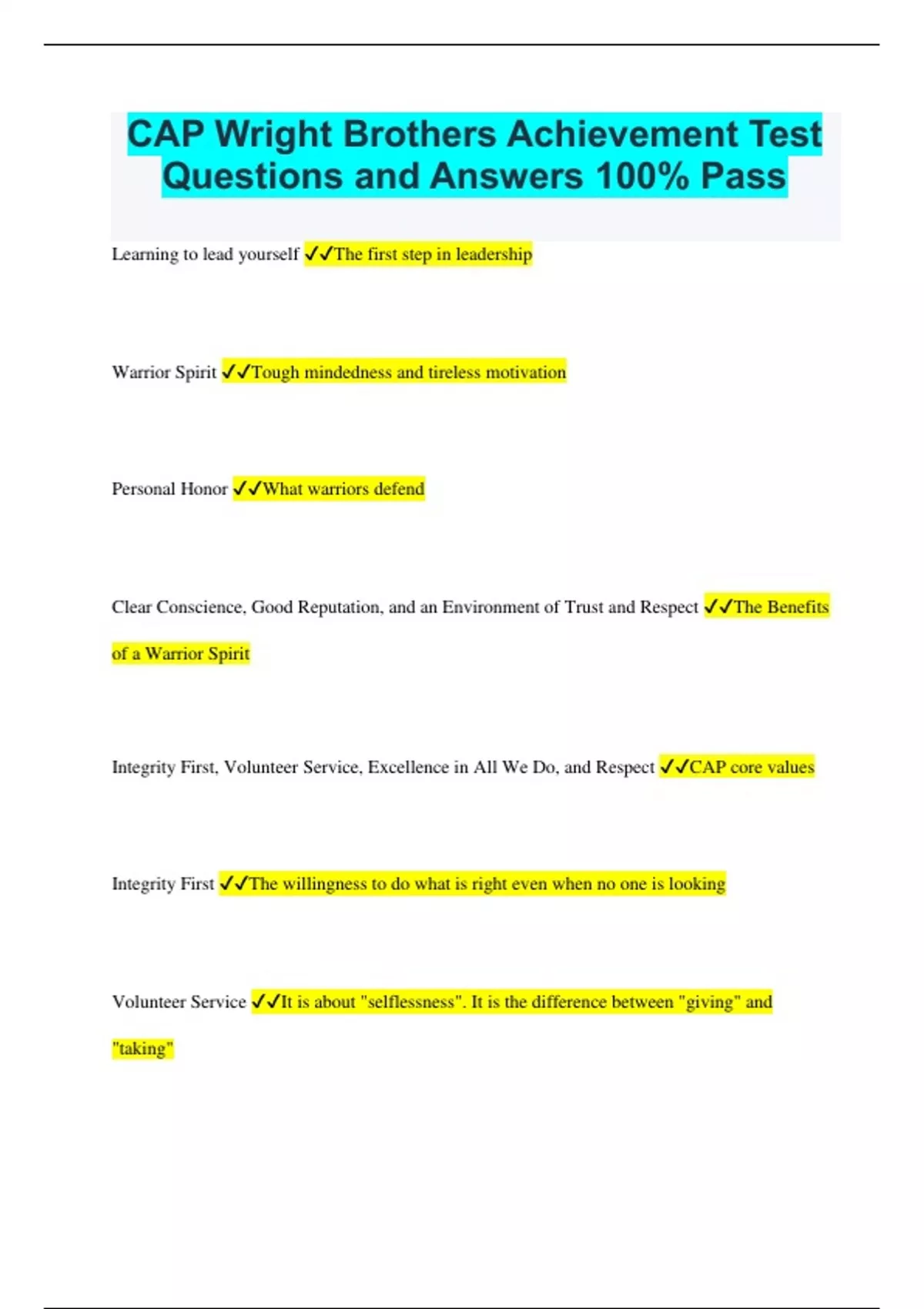 CAP Wright Brothers Achievement Test Questions and Answers 100% Pass ...