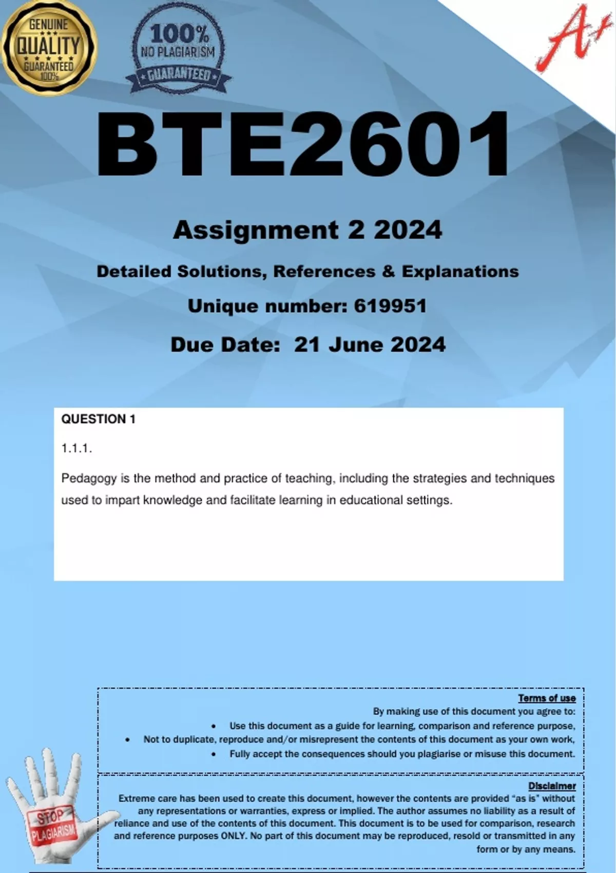 BTE2601 Assignment 2 (COMPLETE ANSWERS) 2024 (619951) - DUE 21 June ...