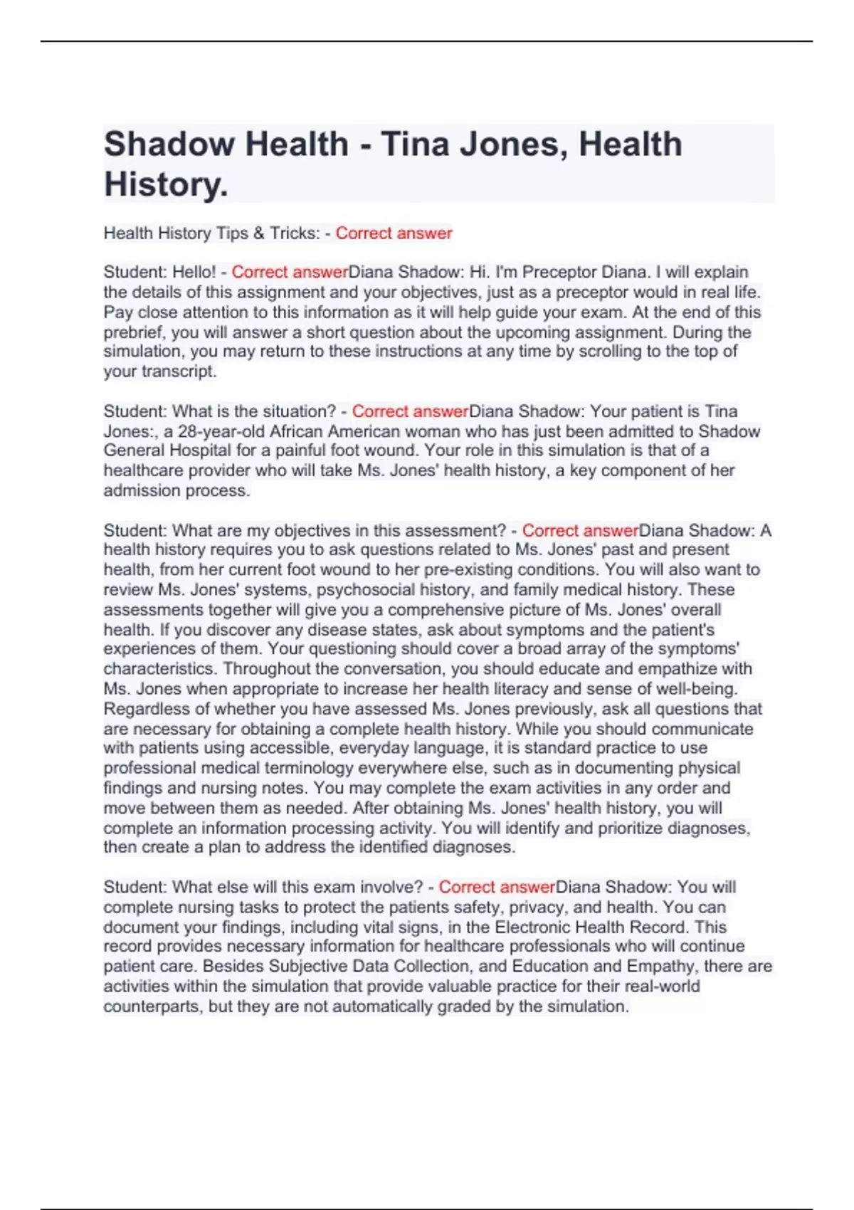 Shadow Health - Tina Jones, Health History - Shadow Health - Tina Jones ...
