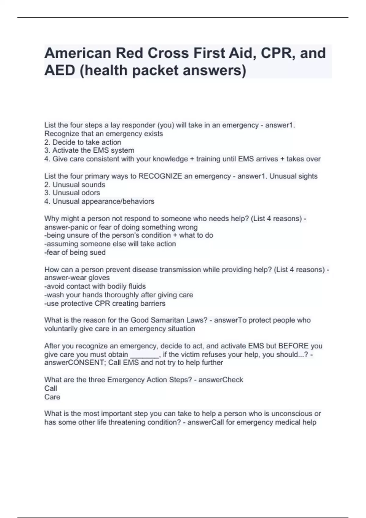 American Red Cross First Aid, CPR, and AED (health packet answers) Questions with Solutions 2024 ...