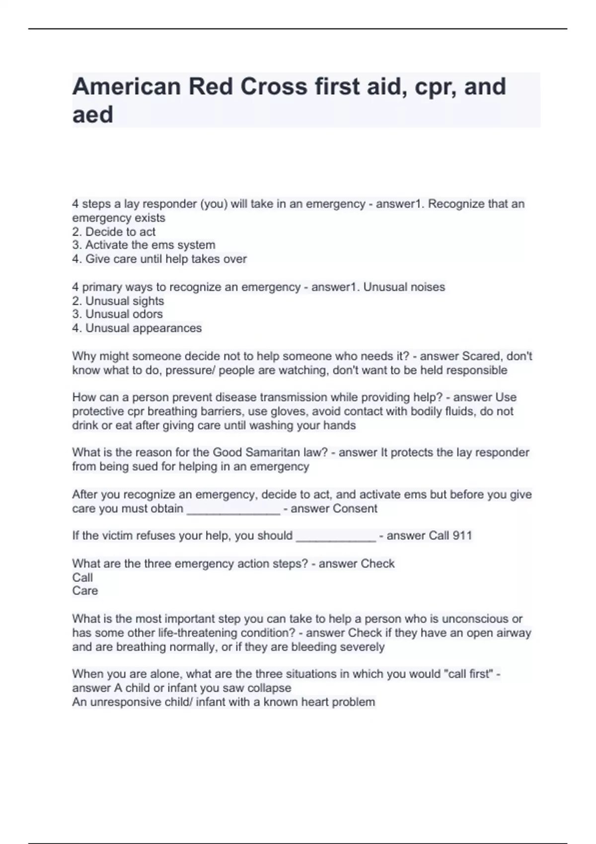 American Red Cross first aid, cpr, and aed Questions with Solutions 2024 - American red cross ...