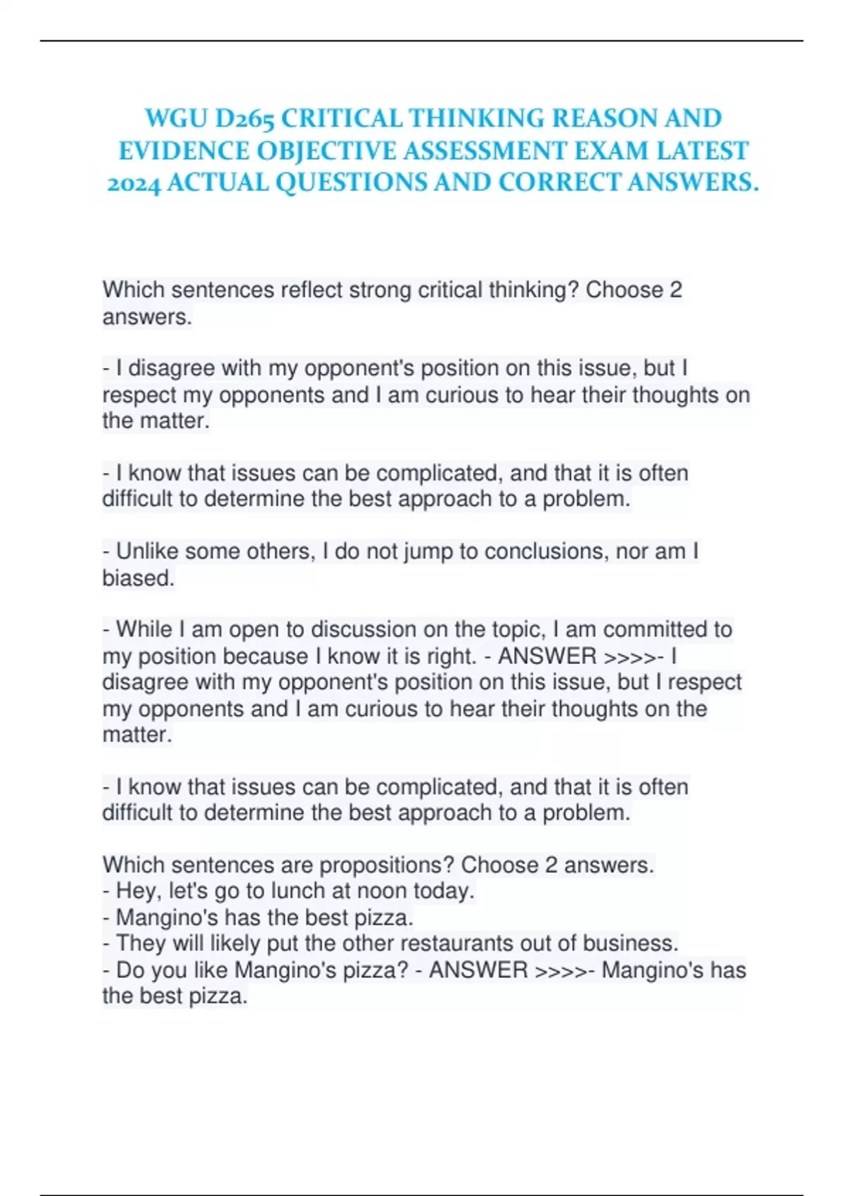 WGU D265 CRITICAL THINKING REASON AND EVIDENCE OBJECTIVE ASSESSMENT ...