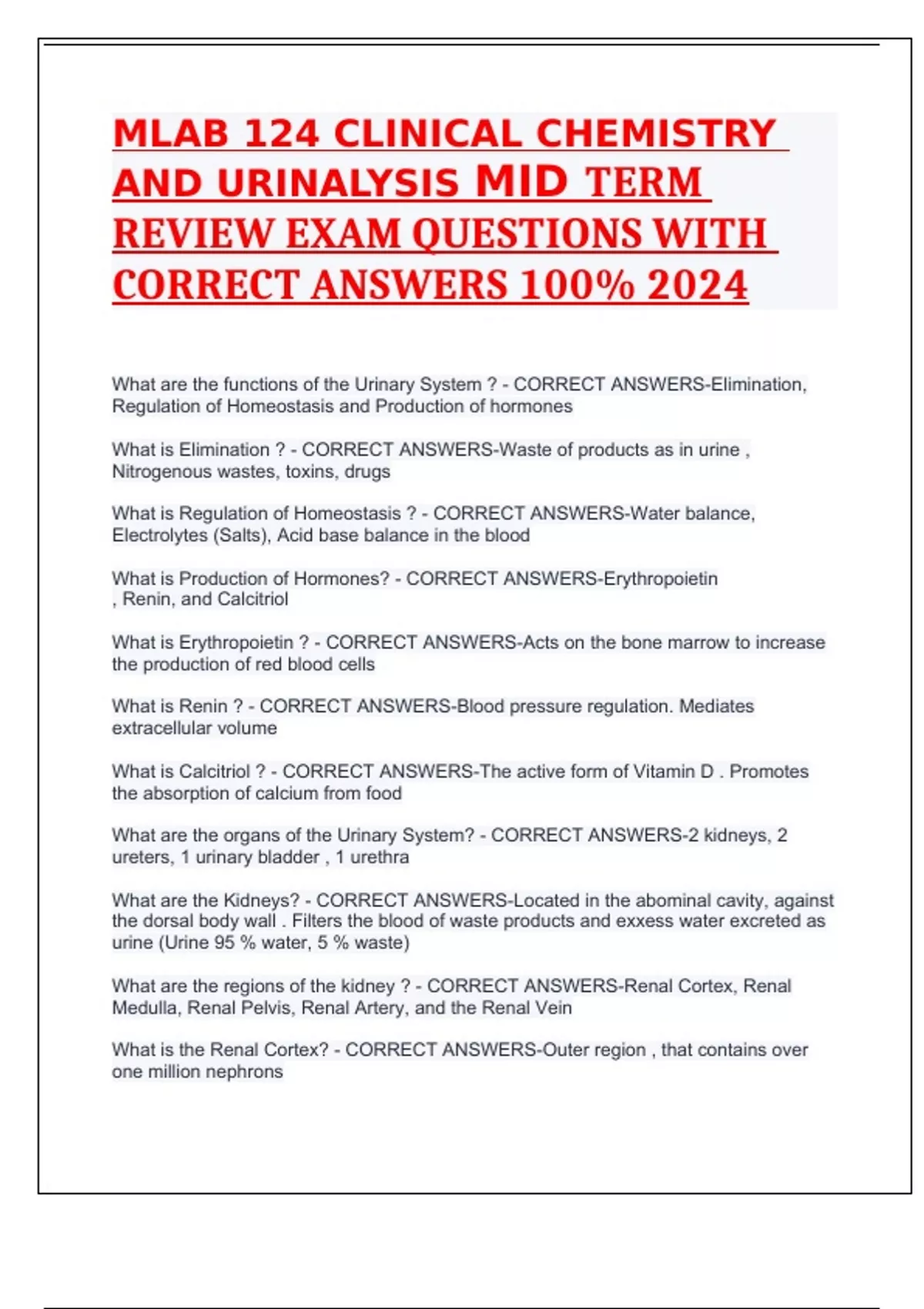 MLAB 124 CLINICAL CHEMISTRY AND URINALYSIS MID TERM REVIEW EXAM ...