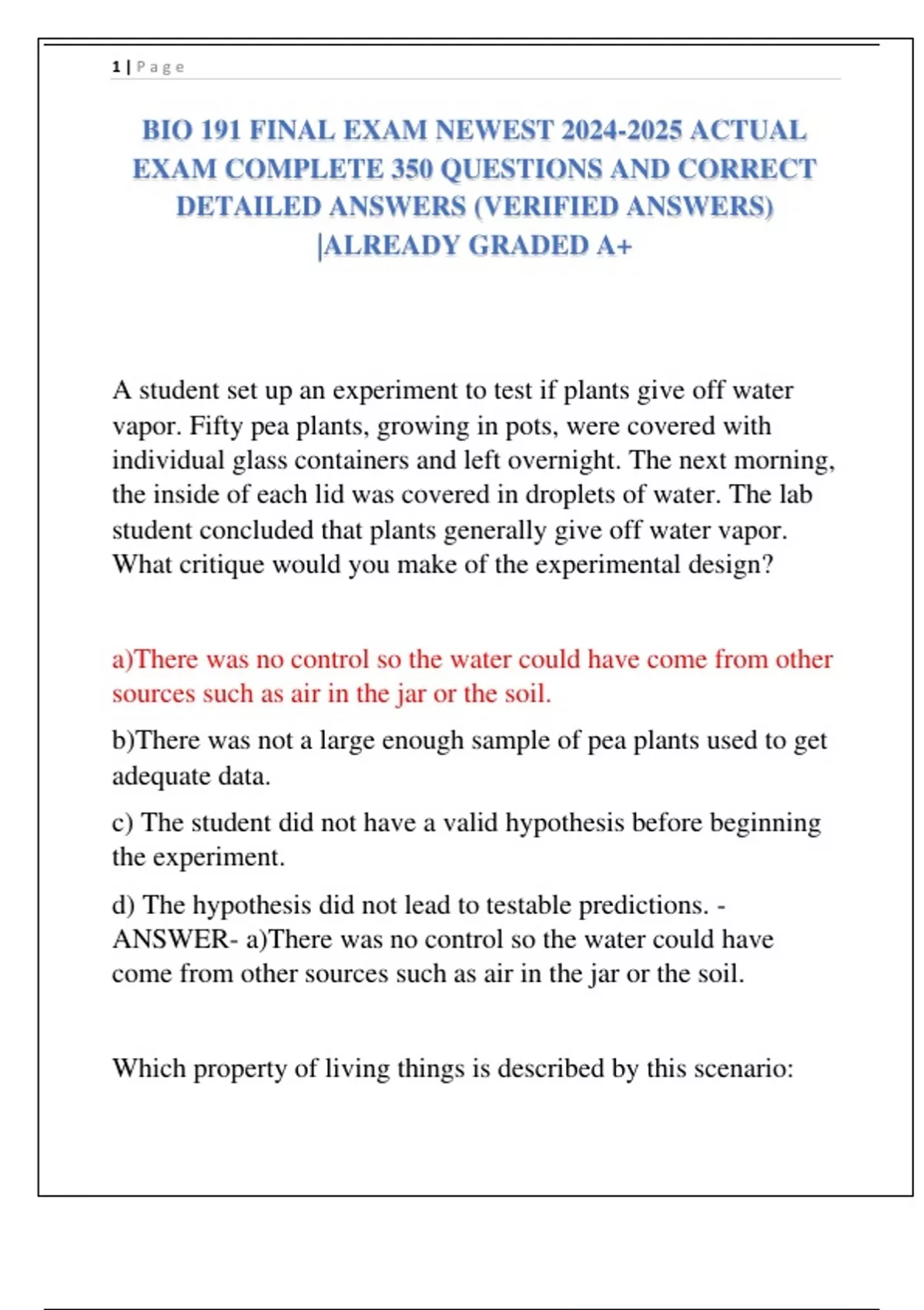 BIO 191 FINAL EXAM NEWEST ACTUAL EXAM COMPLETE 350 QUESTIONS AND ...