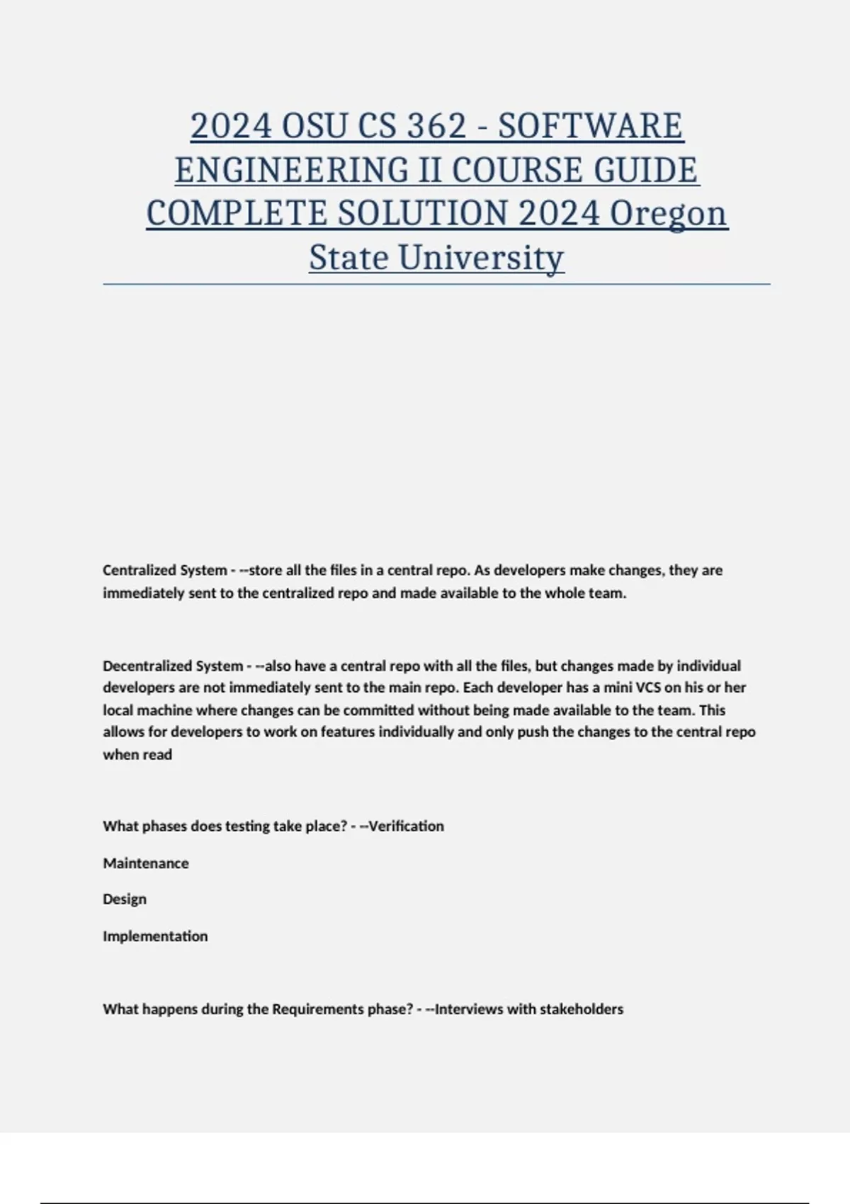 2024 OSU CS 362 - SOFTWARE ENGINEERING II |COURSE GUIDE COMPLETE SOLUTION 2024 Oregon State ...