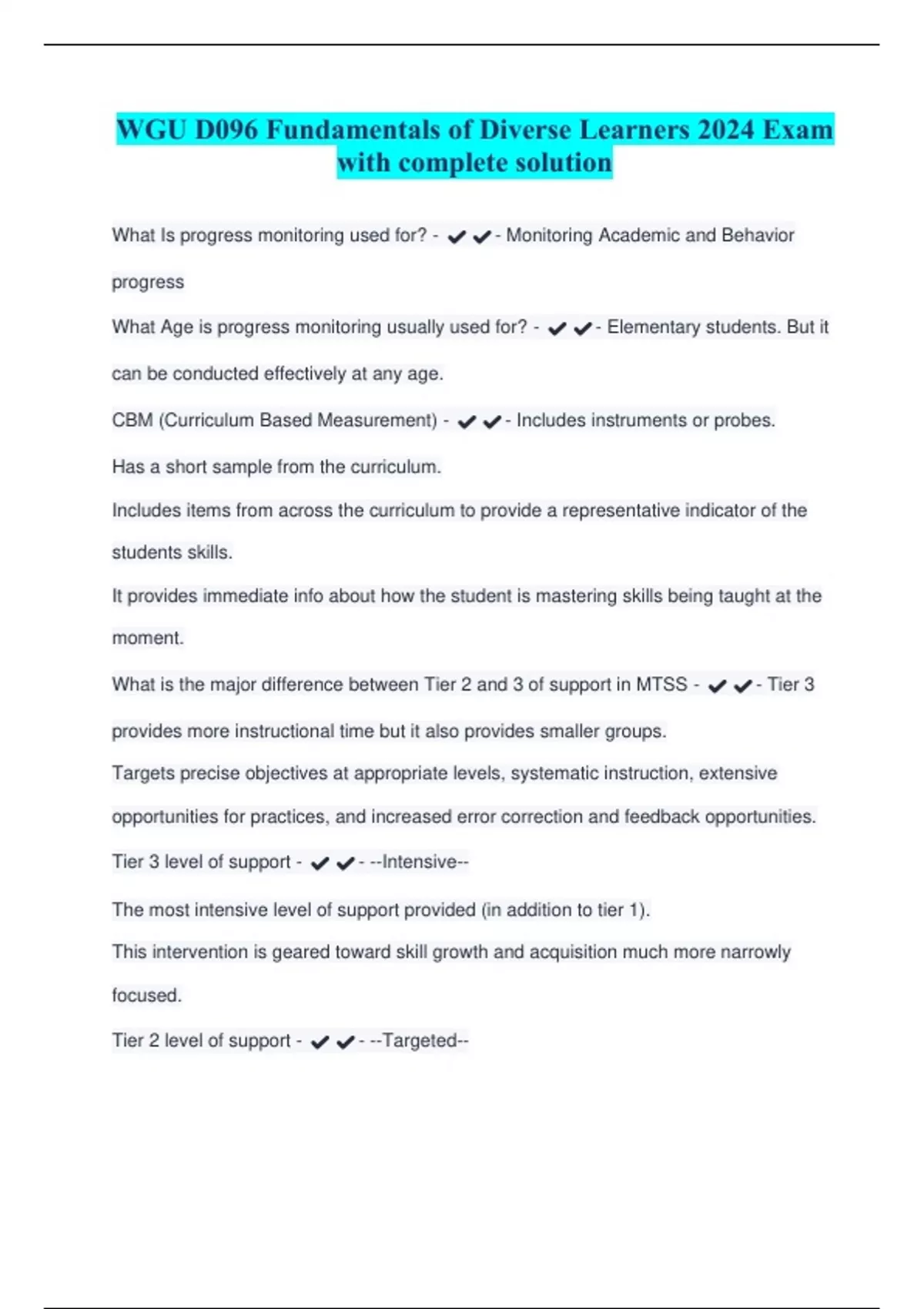 WGU D096 Fundamentals of Diverse Learners 2024 Exam with complete solution - WGU D096 - Stuvia US