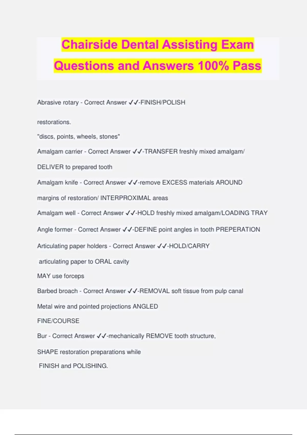 Chairside Dental Assisting Exam Questions and Answers 100% Pass - Chairside Dental Assisting ...