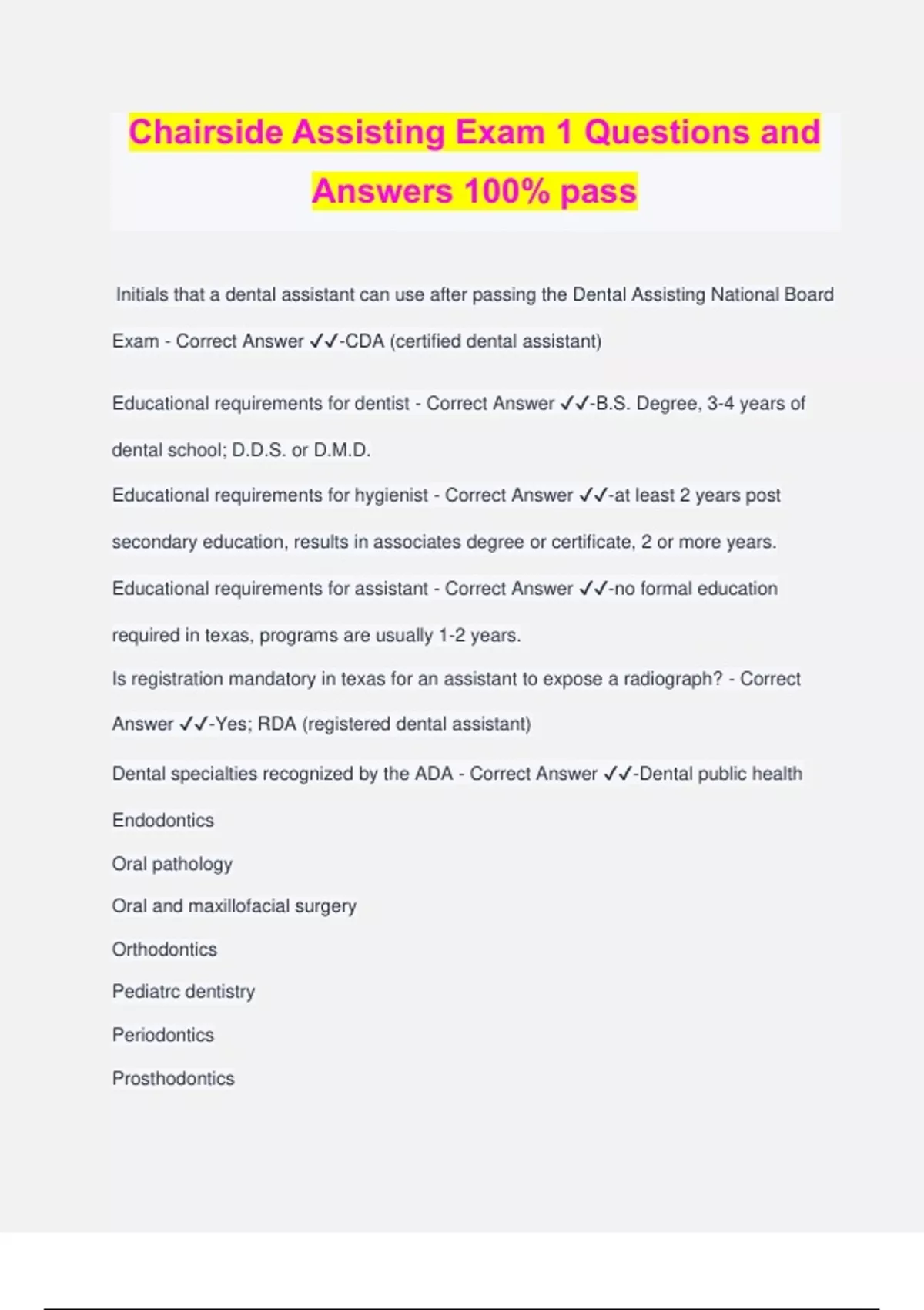 Chairside Assisting Exam 1 Questions and Answers 100% pass - Chairside ...