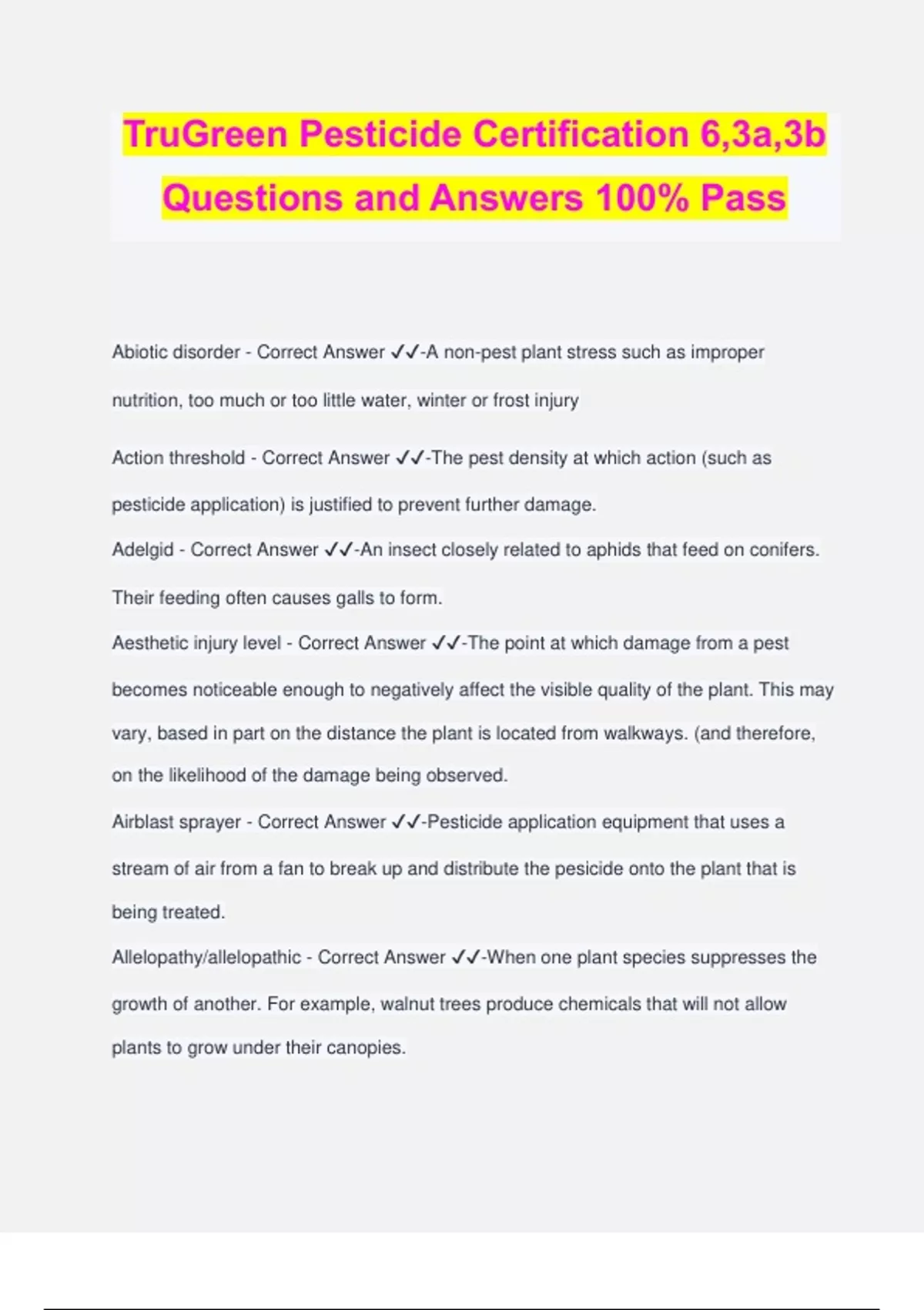 TruGreen Pesticide Certification 6,3a,3b Questions and Answers 100% ...