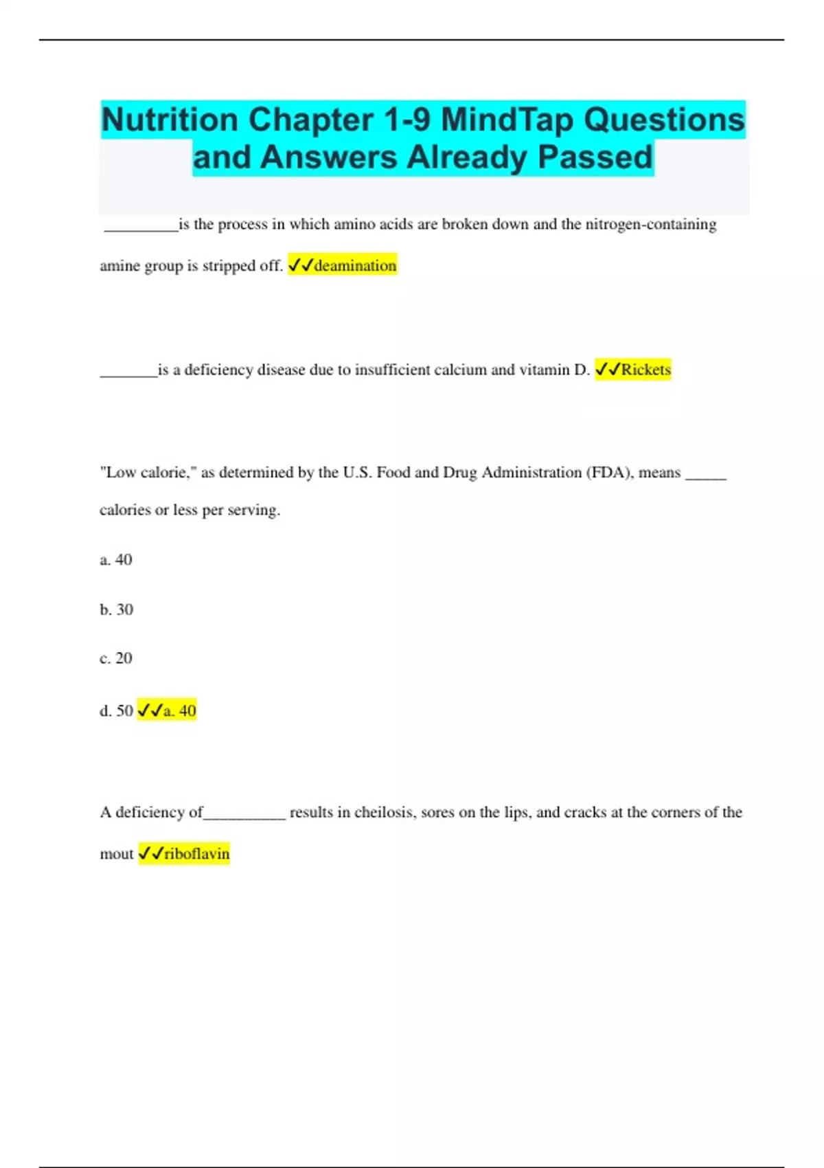 Nutrition Chapter 1-9 MindTap Questions and Answers Already Passed ...