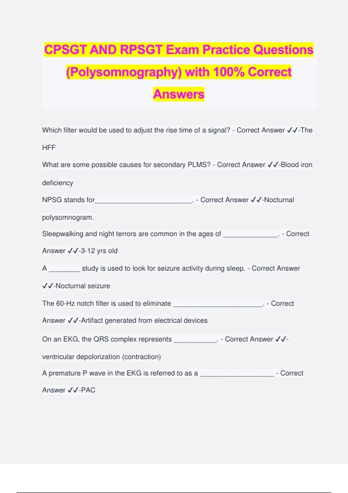 CPSGT AND RPSGT Exam Practice Questions (Polysomnography) with 100% ...