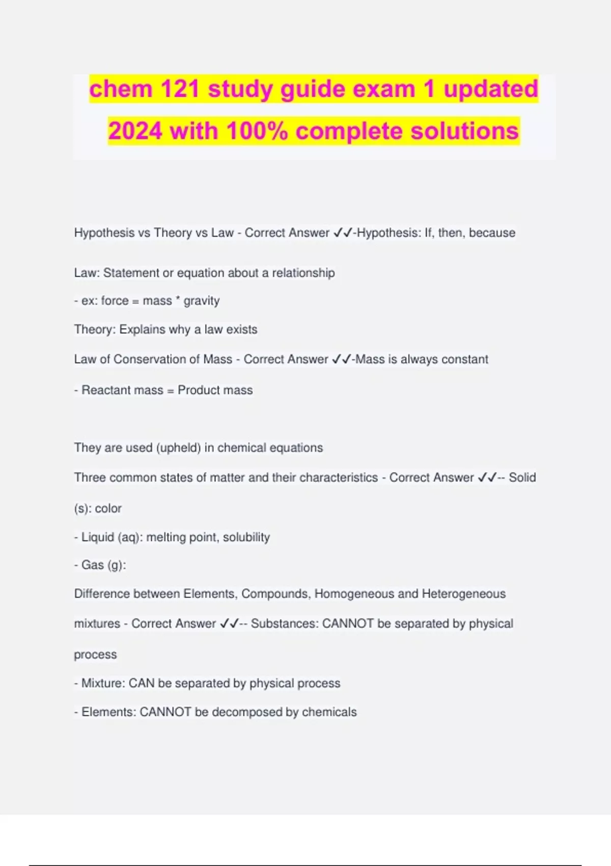 chem 121 study guide exam 1 updated 2024 with 100% complete solutions ...