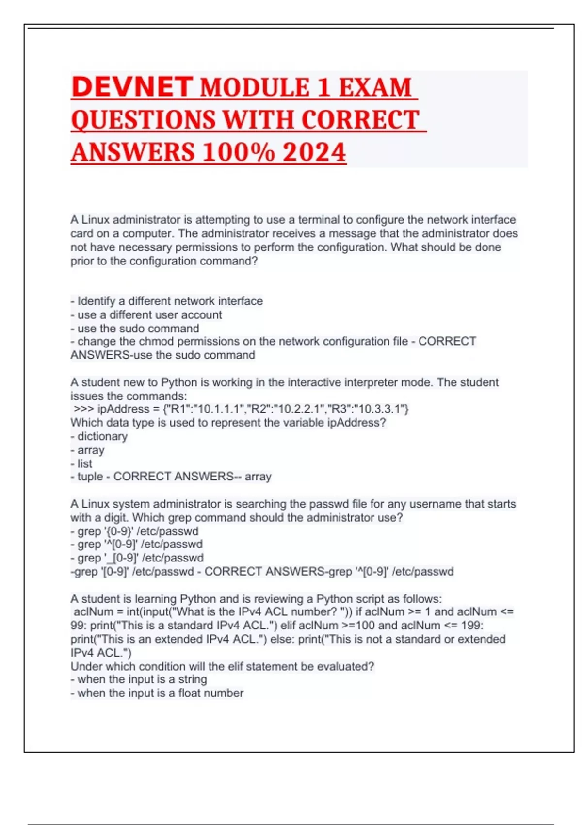 DEVNET MODULE 1 EXAM QUESTIONS WITH CORRECT ANSWERS 100% 2024 - DEVNET - Stuvia US