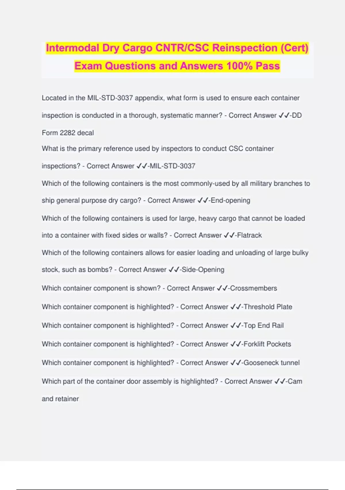 Intermodal Dry Cargo CNTR/CSC Reinspection (Cert) Exam Questions and ...