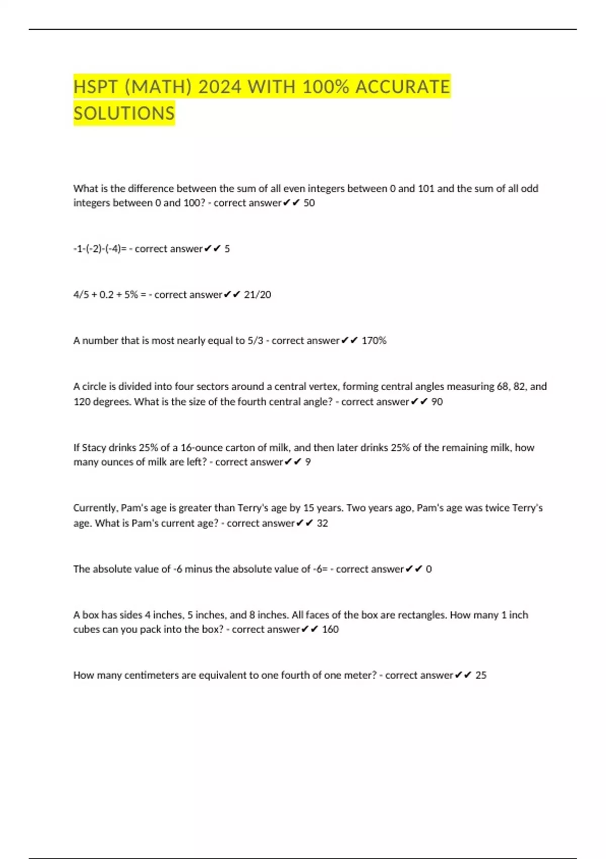 HSPT (MATH) 2024 WITH 100% ACCURATE SOLUTIONS - HSPT - Stuvia US