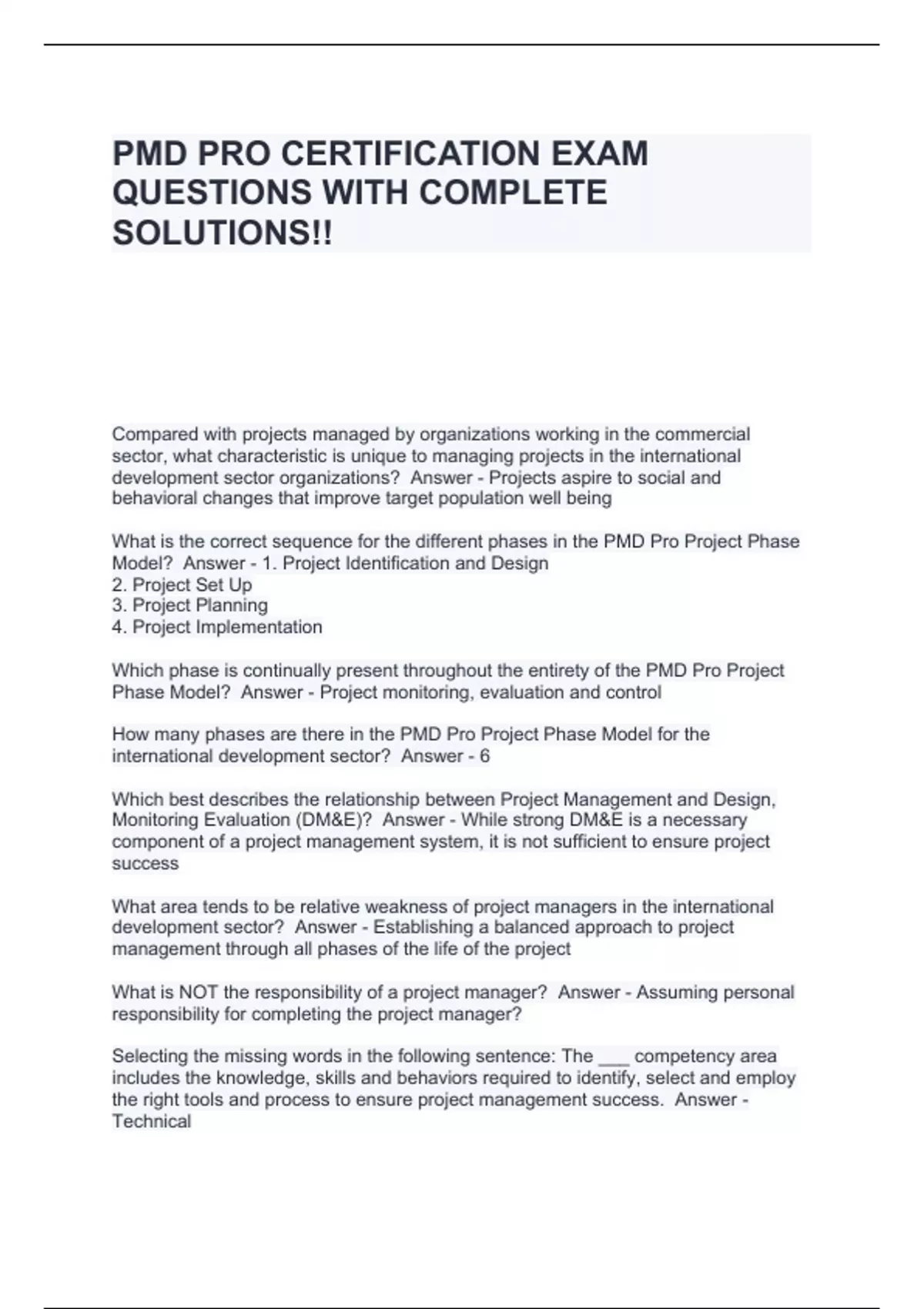 PMD PRO CERTIFICATION EXAM QUESTIONS WITH COMPLETE SOLUTIONS!! - PMD PRO - Stuvia US