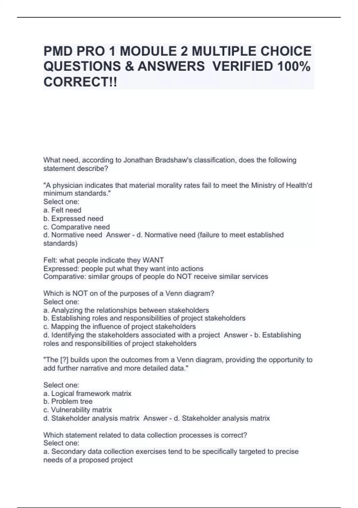 PMD PRO 1 MODULE 2 MULTIPLE CHOICE QUESTIONS & ANSWERS VERIFIED 100% CORRECT!! - PMD PRO - Stuvia UK