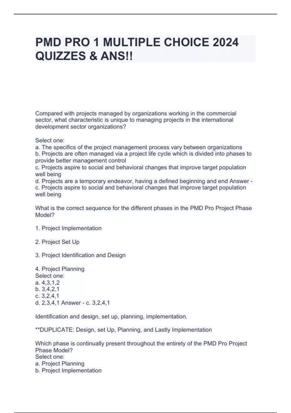 PMD PRO 1 MULTIPLE CHOICE 2024 QUIZZES & ANS!! - PMD PRO - Stuvia US
