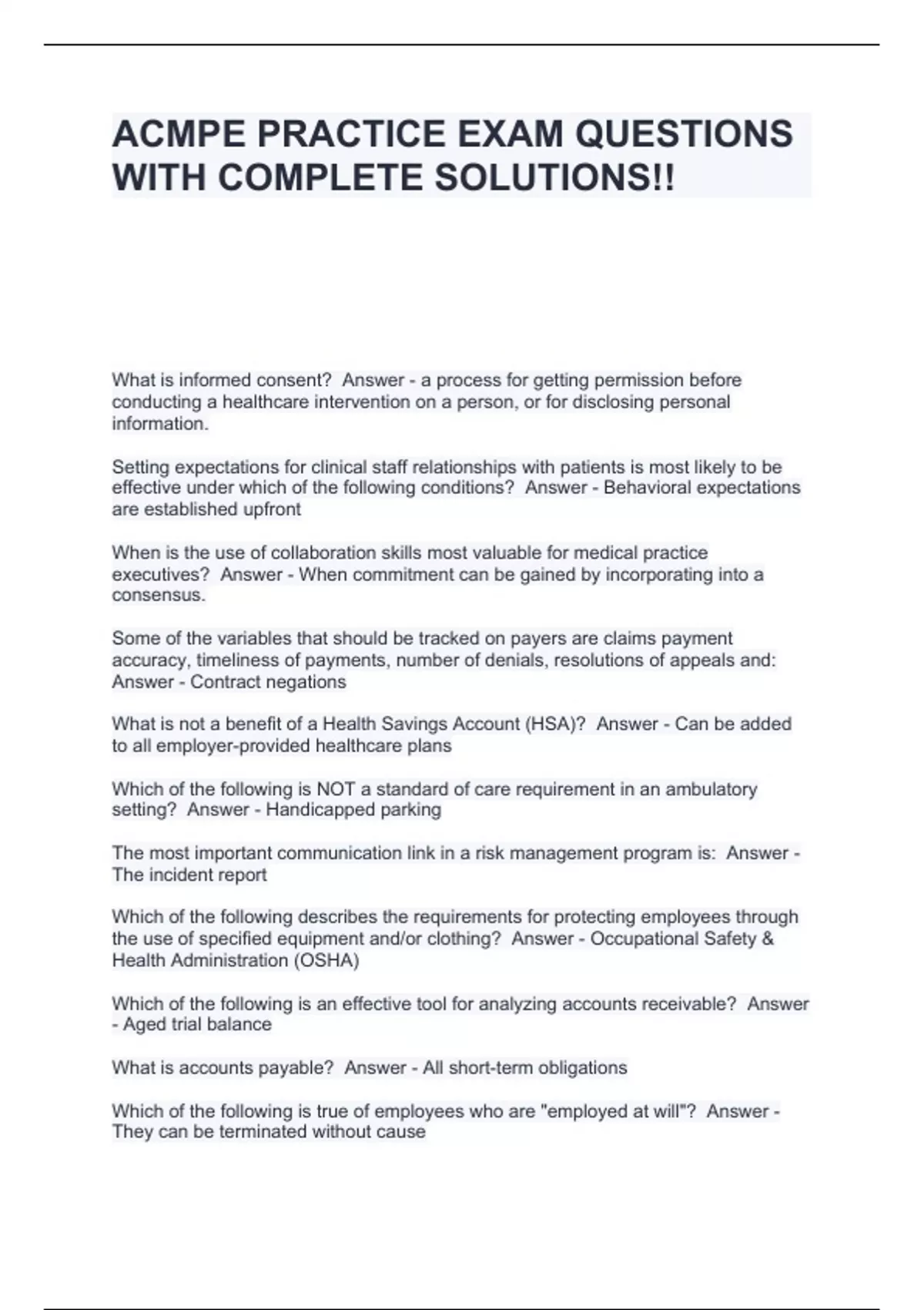 MGMA SCENARIO BASED PRACTICE QUIZ QUESTIONS WITH 100% CORRECT ANSWERS ...