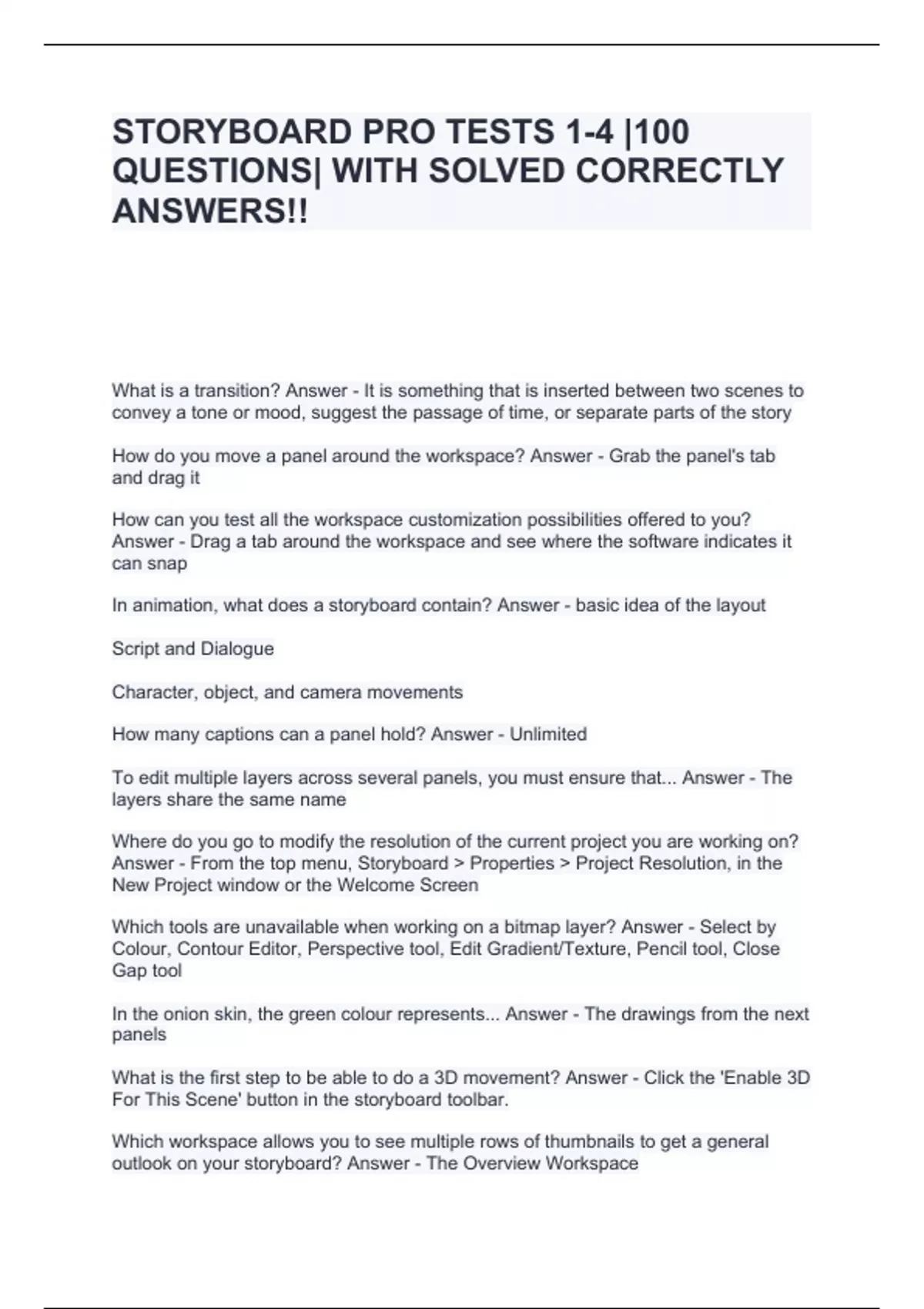 STORYBOARD PRO TESTS 1-4 |100 QUESTIONS| WITH SOLVED CORRECTLY ANSWERS ...