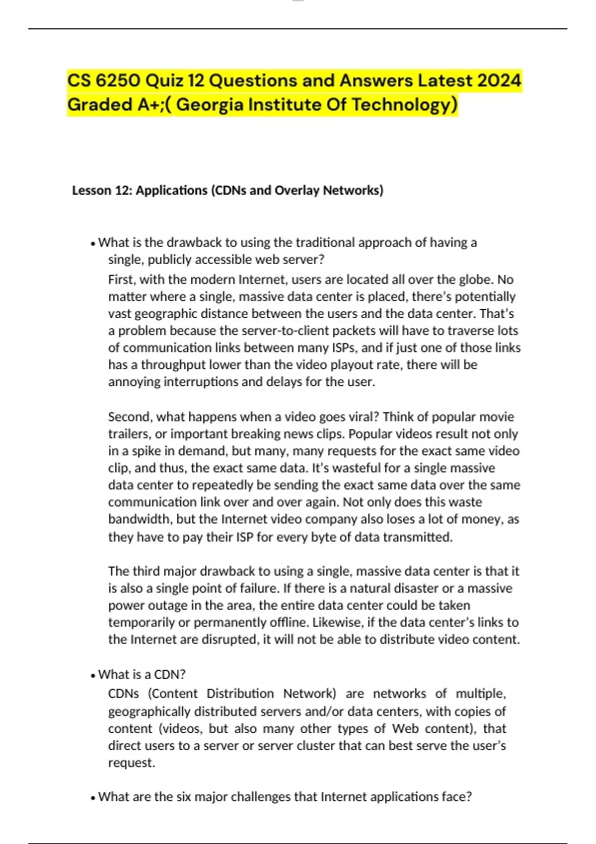 CS 6250 Quiz 12 Questions and Answers Latest 2024 Graded A+;( Georgia ...