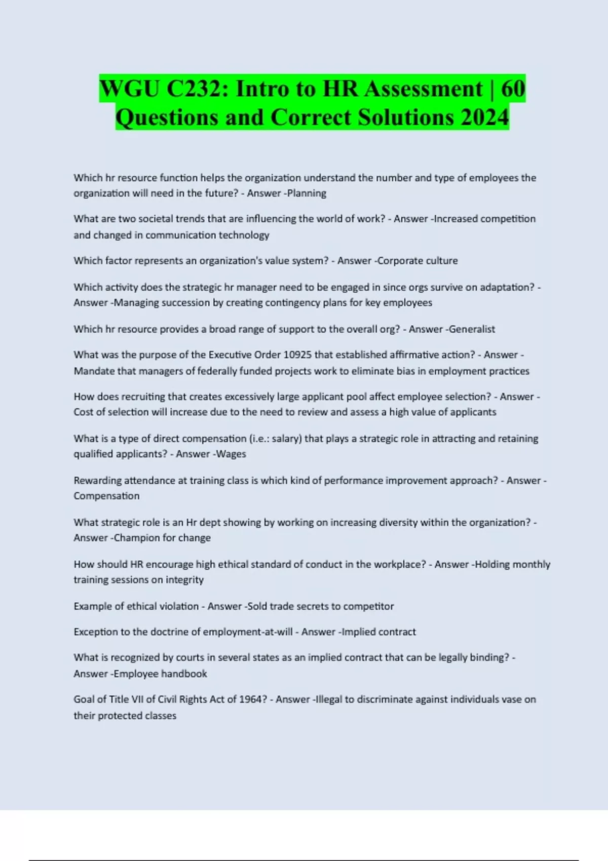 WGU C232: Intro to HR Assessment | 60 Questions and Correct Solutions 2024 - WGU C232 - Stuvia US