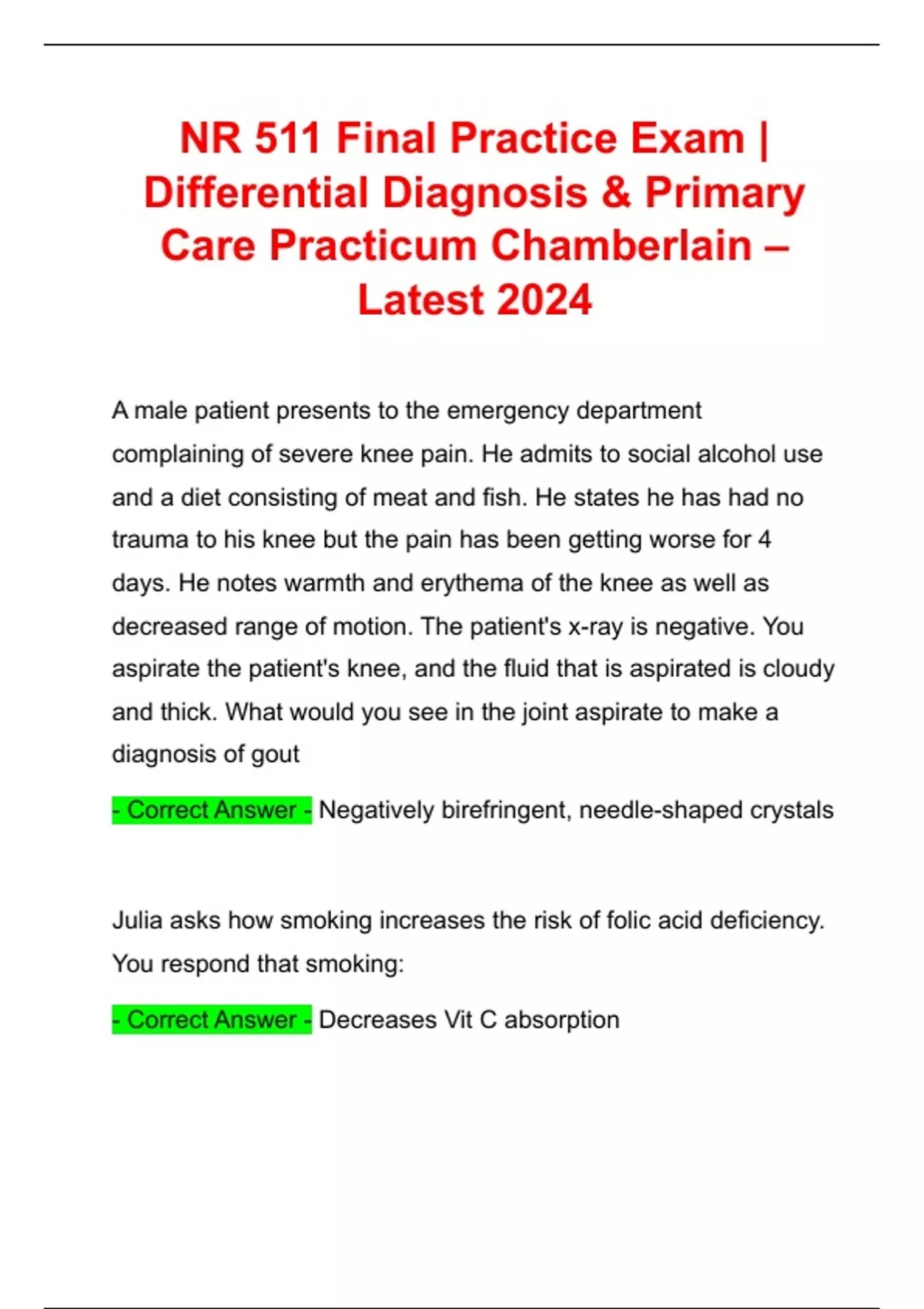 NR 511 Final Practice Exam | Differential Diagnosis & Primary Care Practicum Chamberlain ...