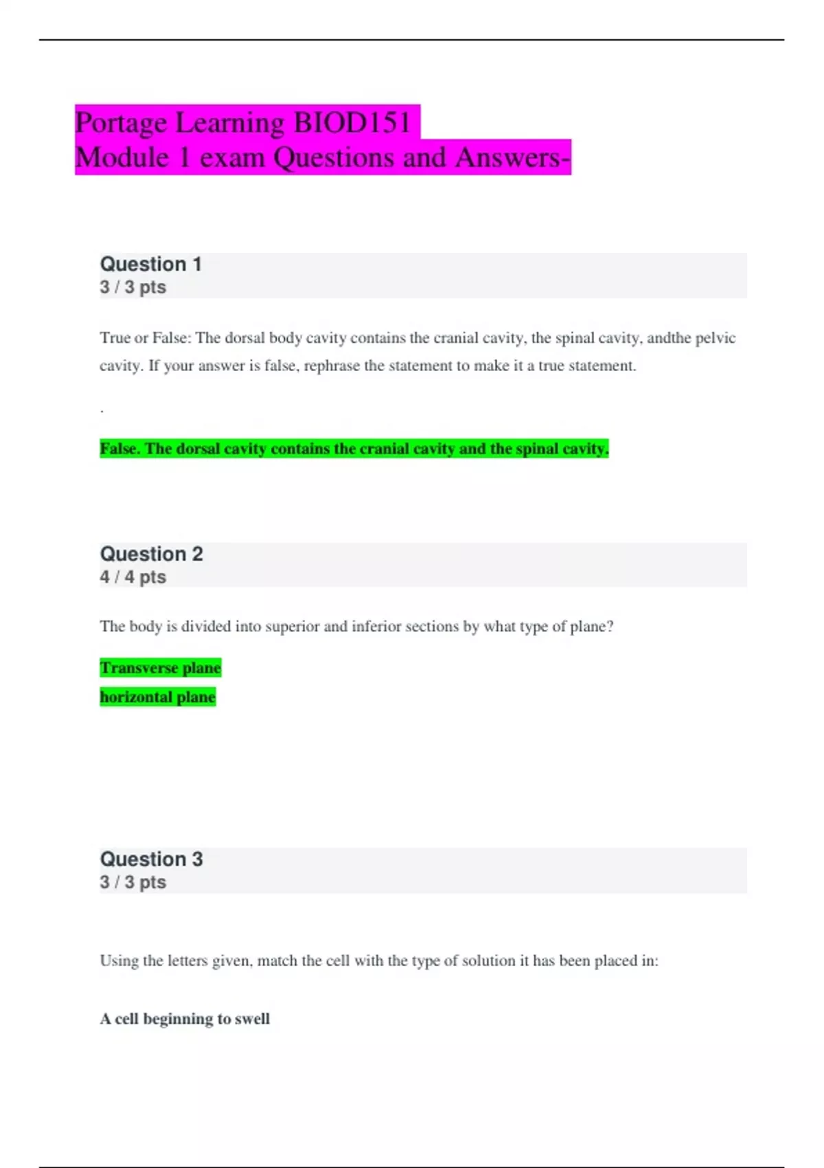 Portage Learning BIOD151 Module 1 exam Questions and Answers - PORTAGE LEARNING BIOD151 - Stuvia US