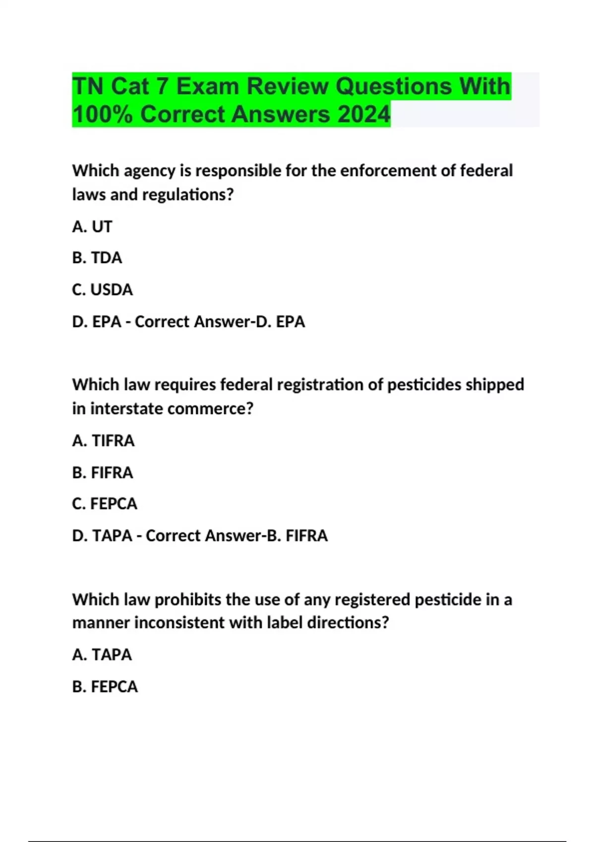 Package deal for TN Cat 7 Exam Review Questions With 100% Correct ...