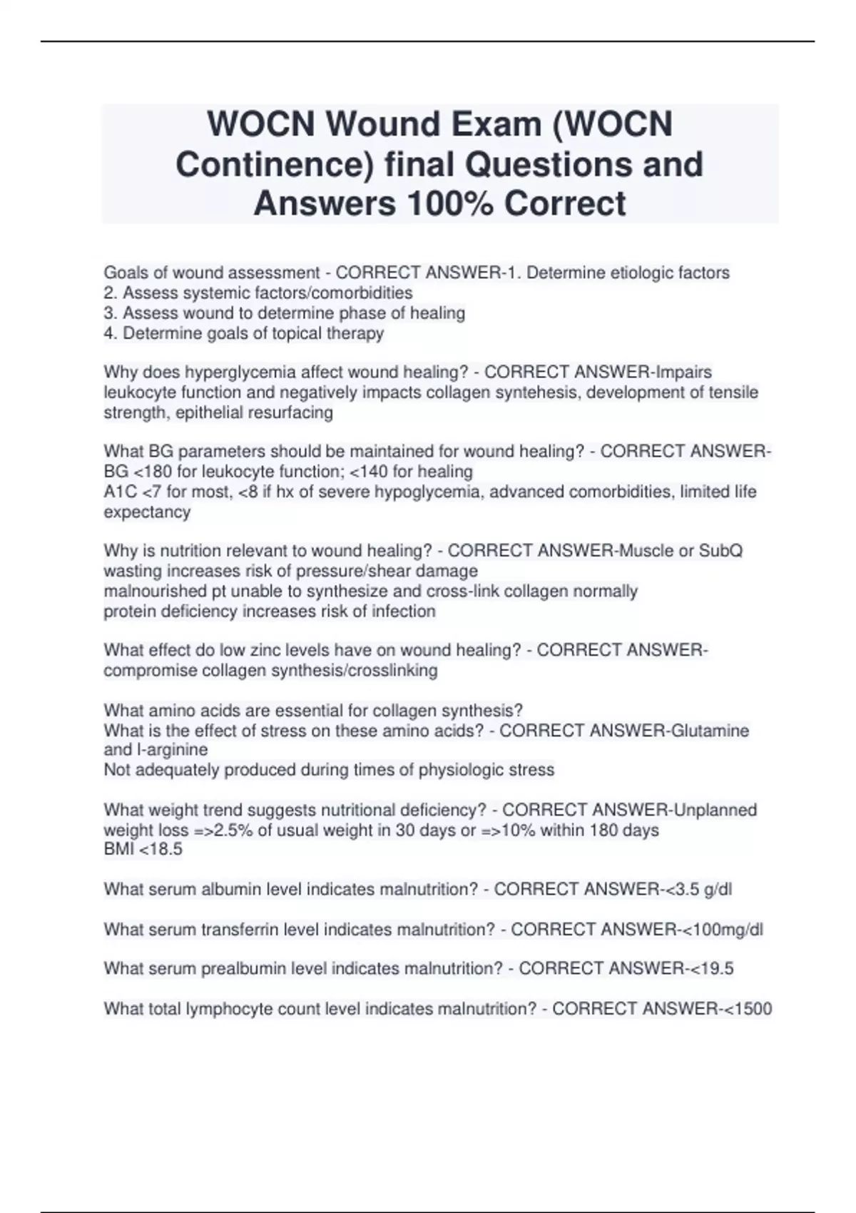 WOCN Wound Exam (WOCN Continence) final Questions and Answers 100% ...