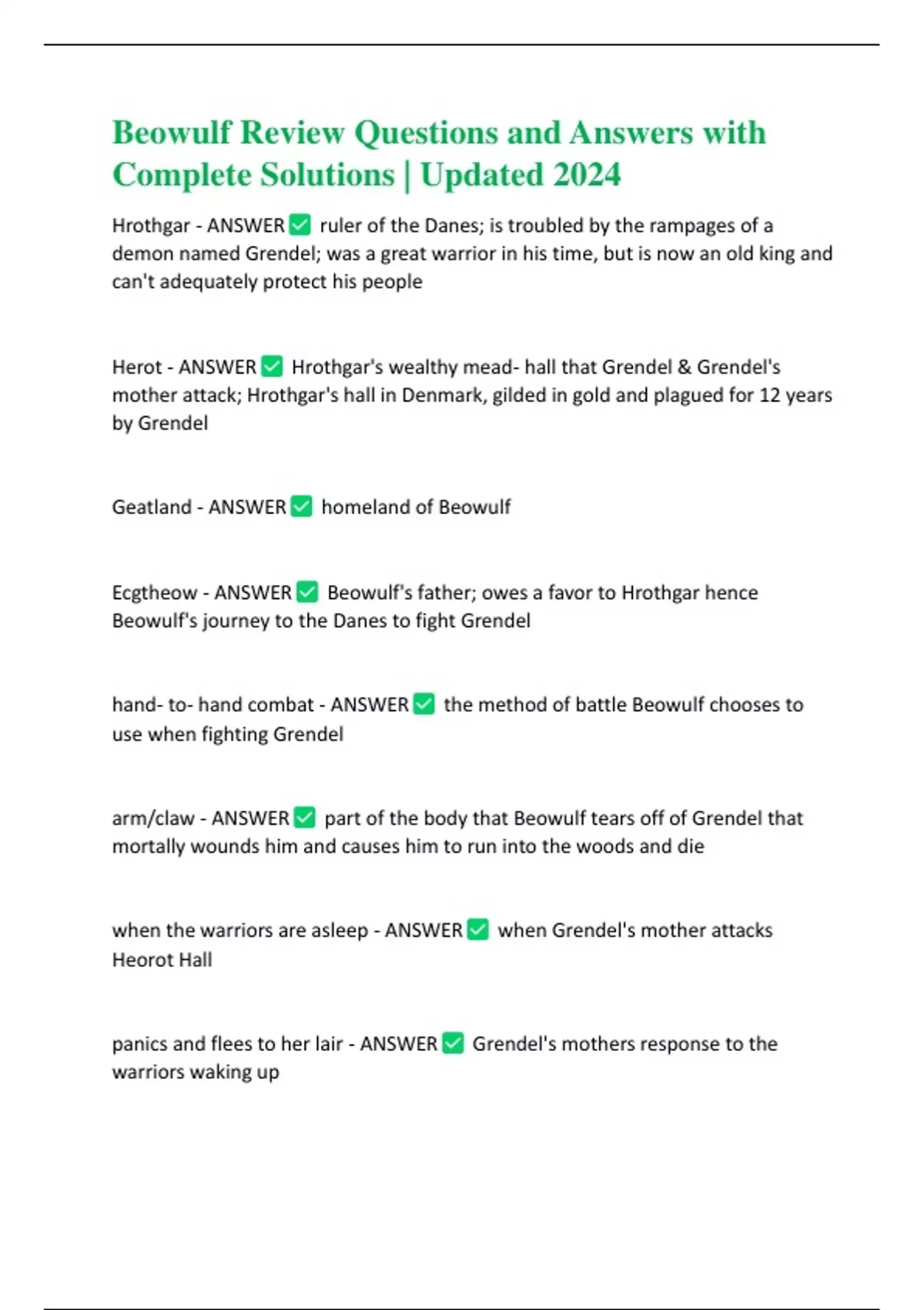 Beowulf Review Questions and Answers with Complete Solutions | Updated ...
