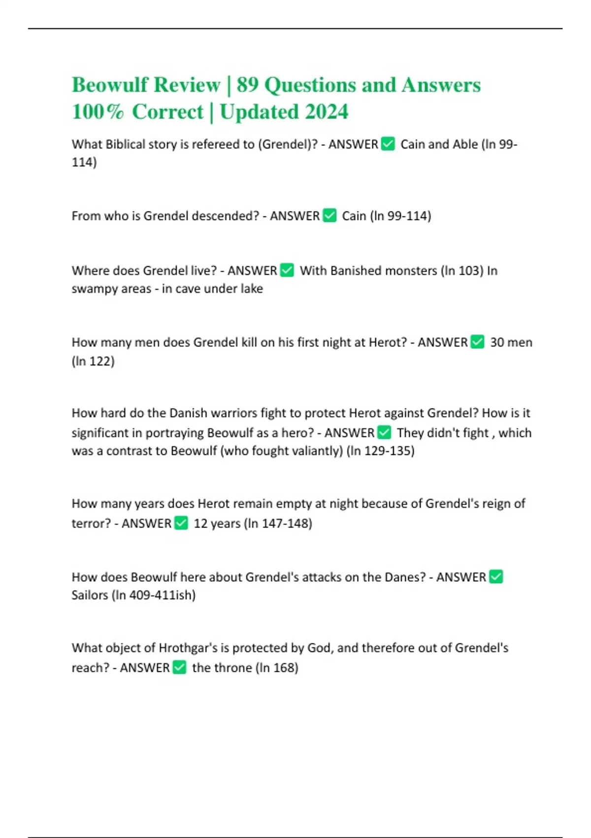 Beowulf Review | 89 Questions and Answers 100% Correct | Updated 2024 ...