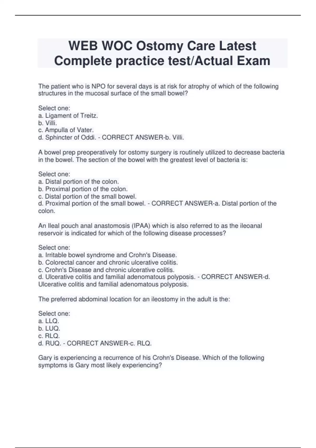 WEB WOC Ostomy Care Latest Complete practice test/Actual Exam - Wocn ...