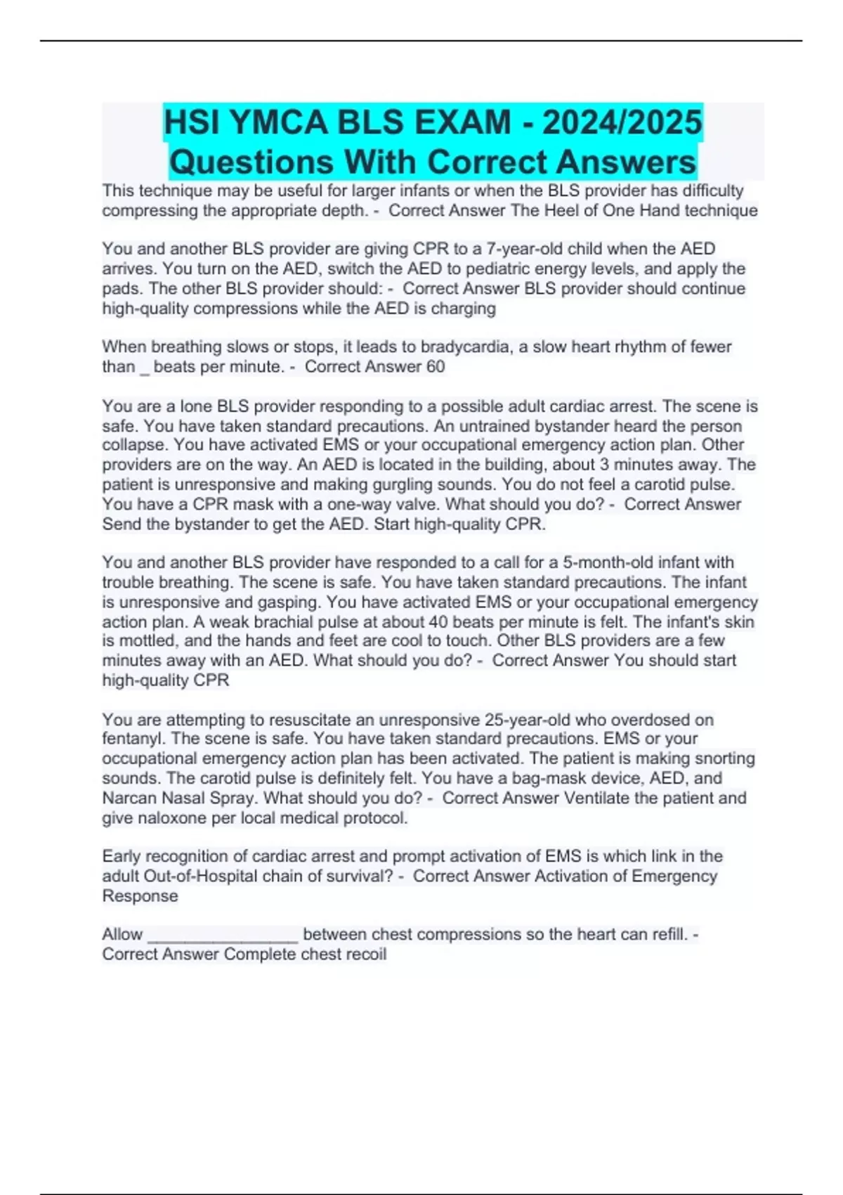 HSI YMCA BLS EXAM - 2024/2025 Questions With Correct Answers - BLS ...