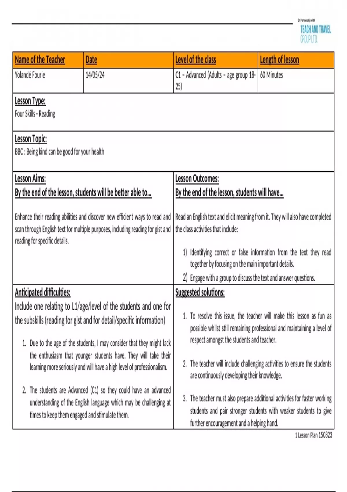 TEFL Assignment 3 - Four Skills - Reading - "Being kind can be good for ...