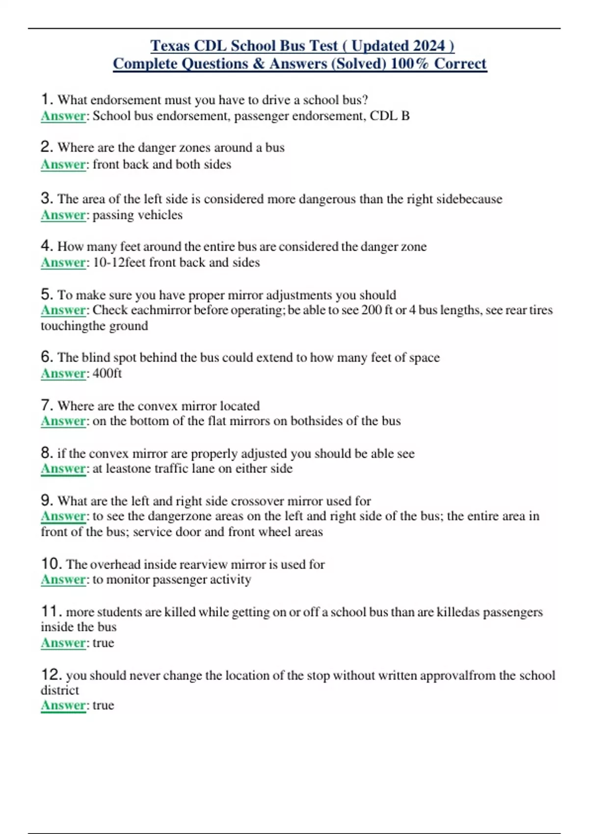 Texas CDL School Bus Test ( Updated 2024 ) Complete Questions & Answers ...