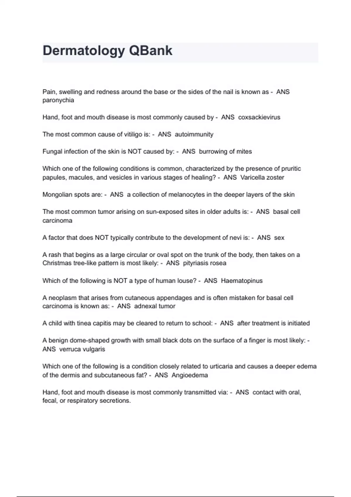 Dermatology Question Bank Complete Questions With Exams - Dermatology ...