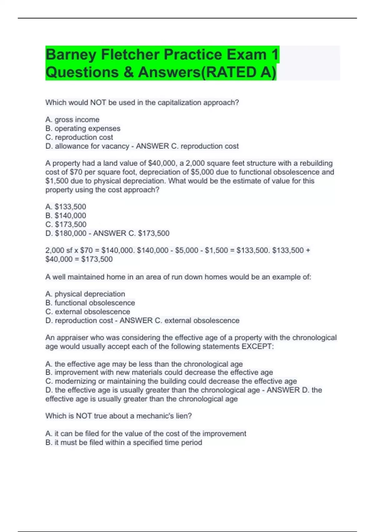 Barney Fletcher Practice Exam 1 Questions & Answers(RATED A) - Barney ...