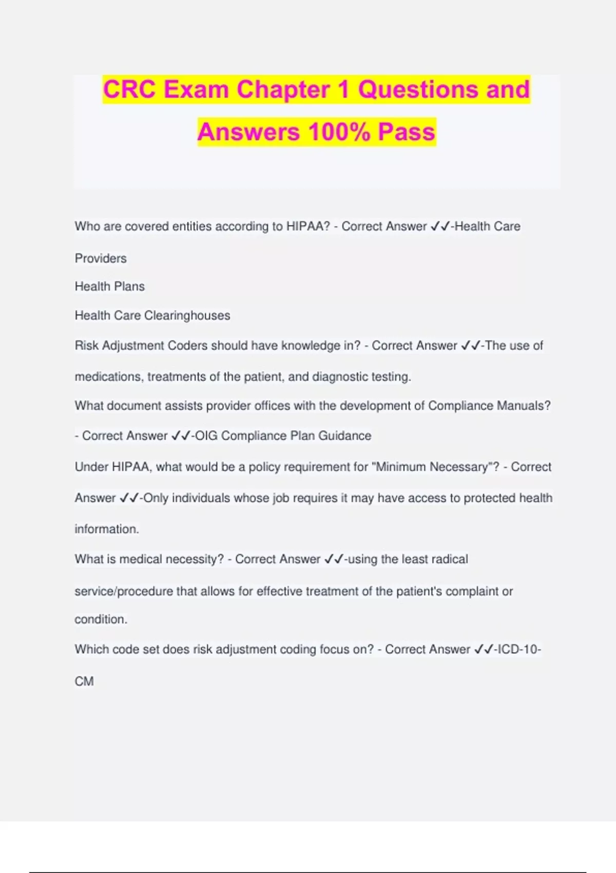 CRC Exam Chapter 1 Questions and Answers 100% Pass - Crc - Stuvia US