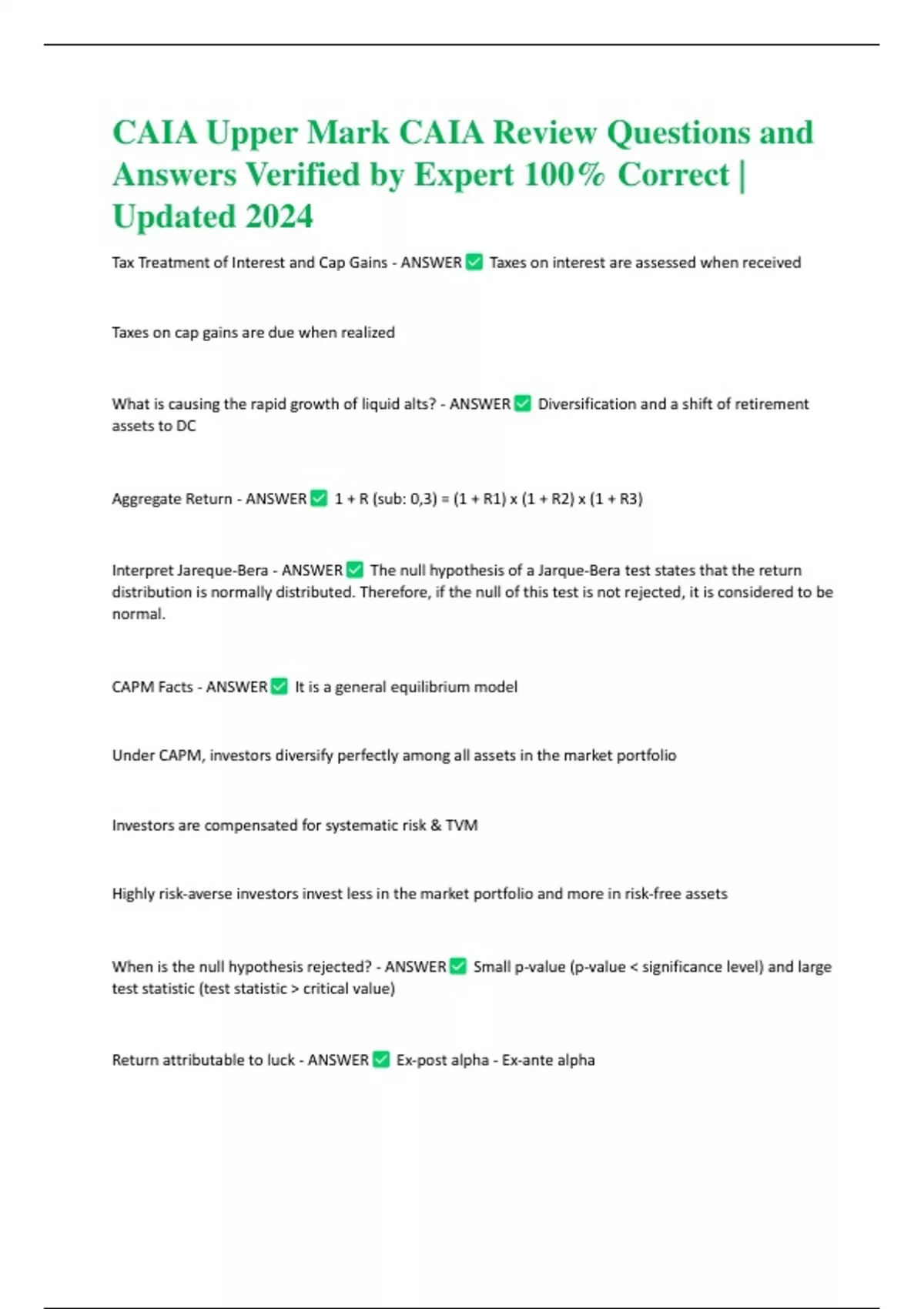 CAIA Upper Mark CAIA Review Questions and Answers Verified by Expert ...